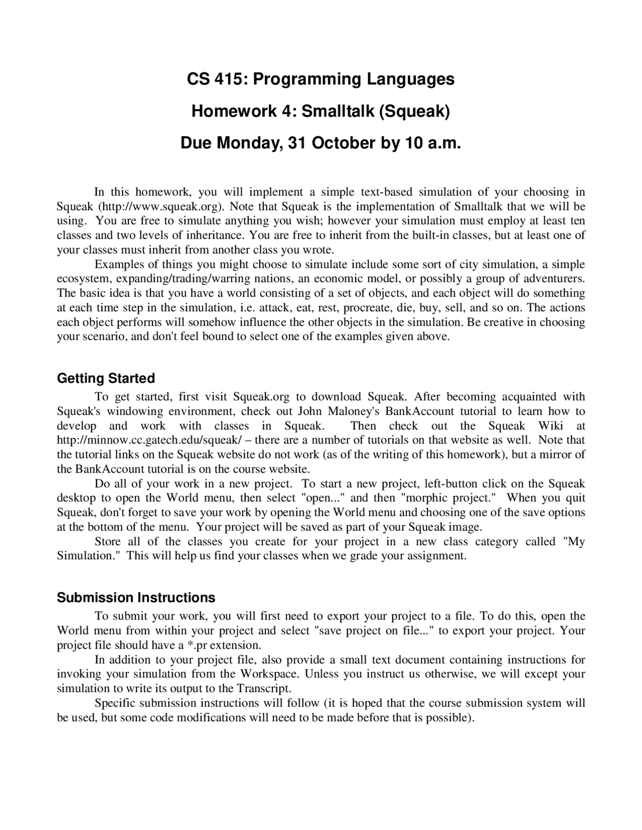 Homework 4 Smalltalk Programming Languages Cs 4610 Docsity