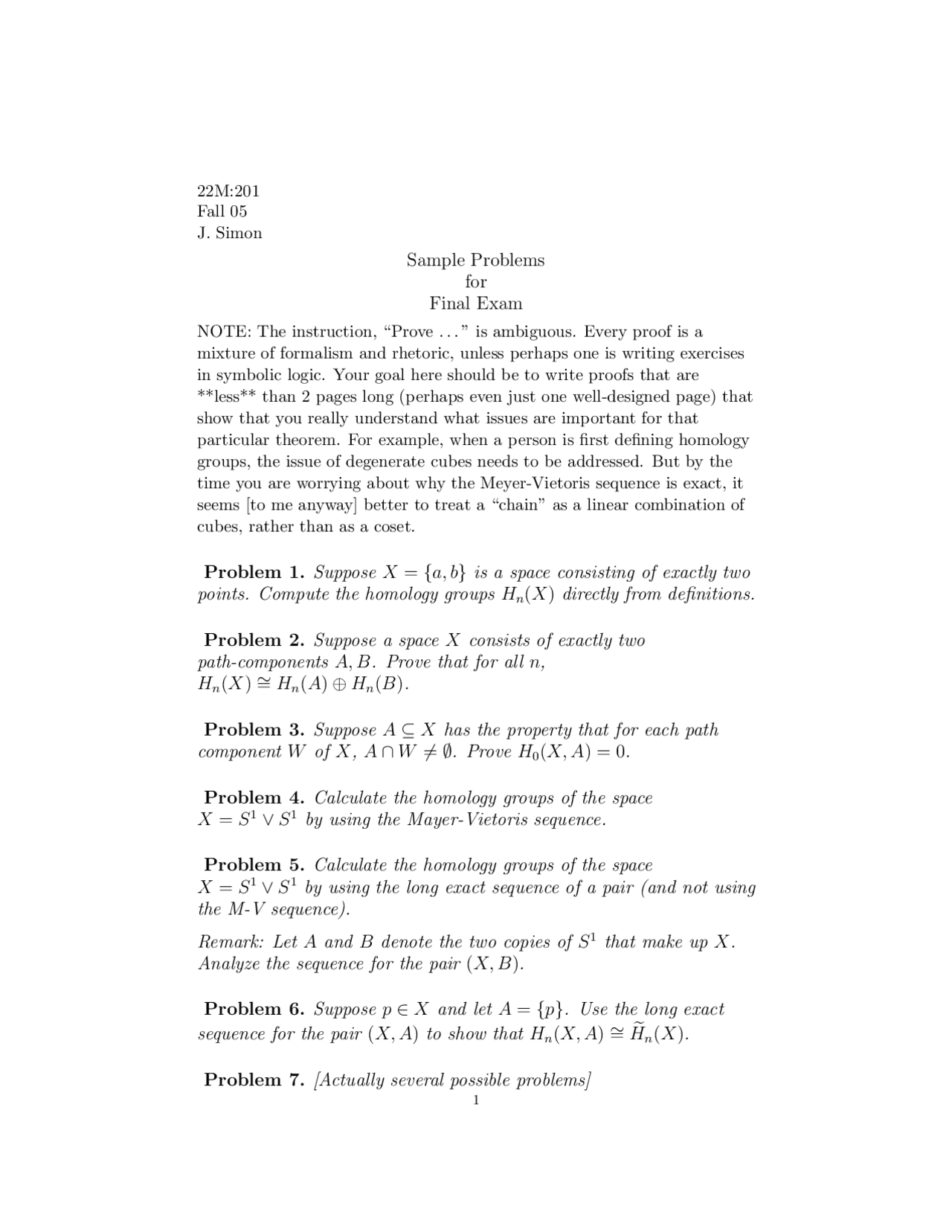 Sample Problems For Final Exam Introduction To Algebraic Topology