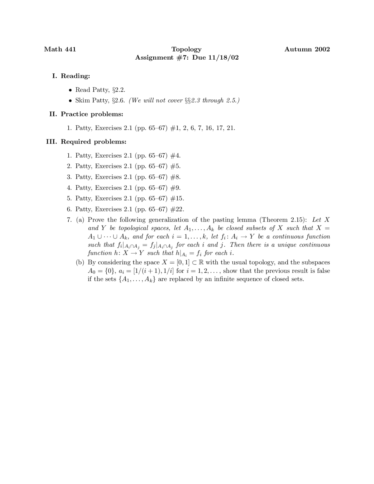 Practice Problems Homework 7 Topology 2002 Math 441 Docsity