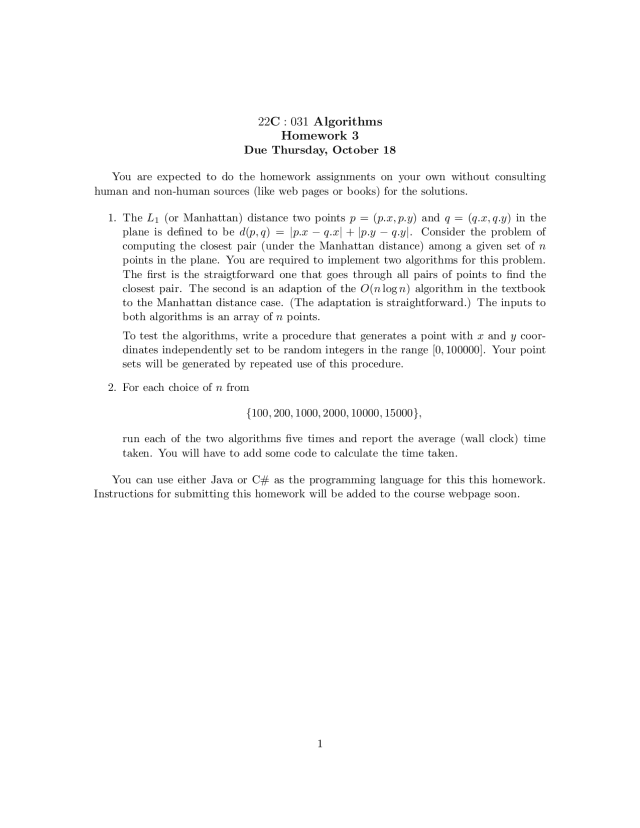 2 Problems On Manhattan Distance In Algorithms Homework 3 22c 031 Docsity