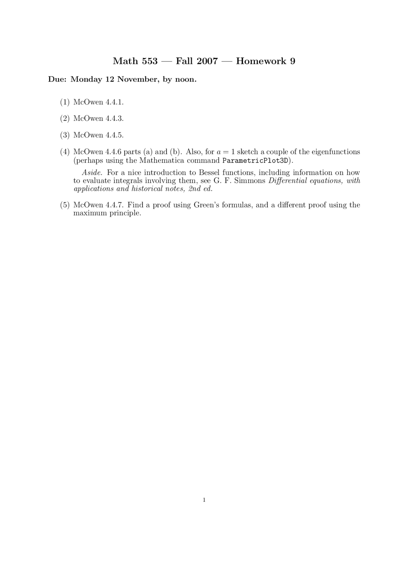 4 Questions For Assignment 9 Partial Differential Equations Math 553 Docsity