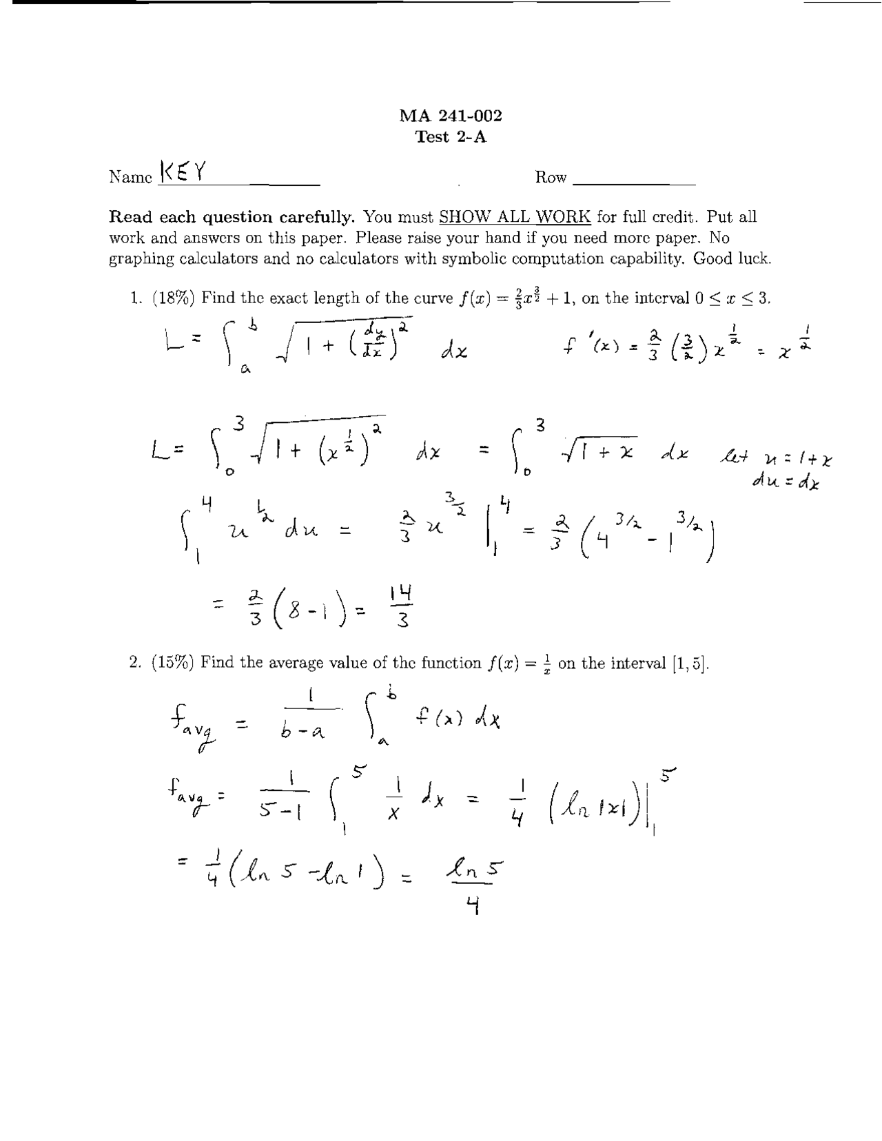 Exam 2a With Answer Key For Calculus Ii Ma 241 Docsity