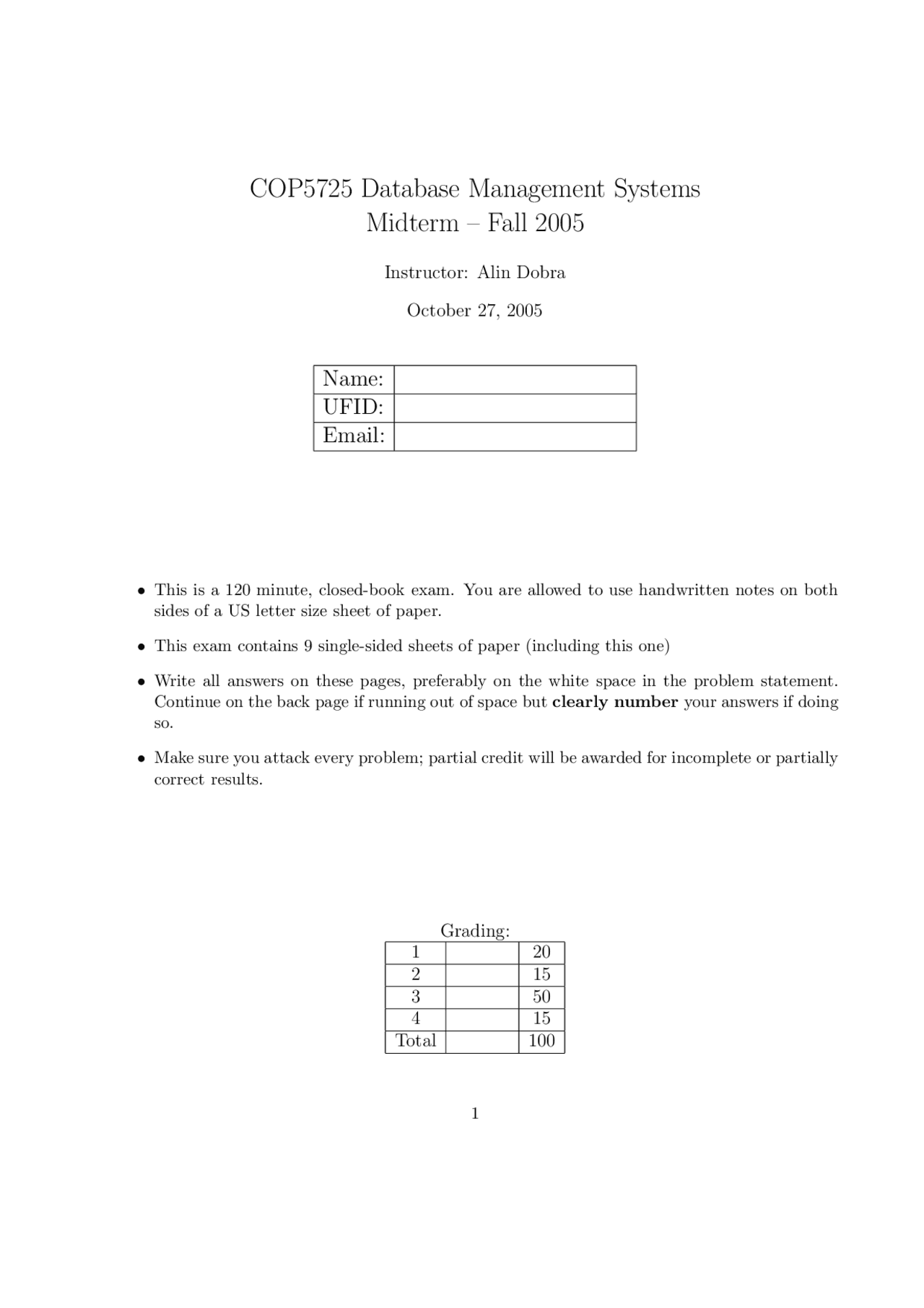 Midterm Exam Database Management System Cop 5725 Docsity