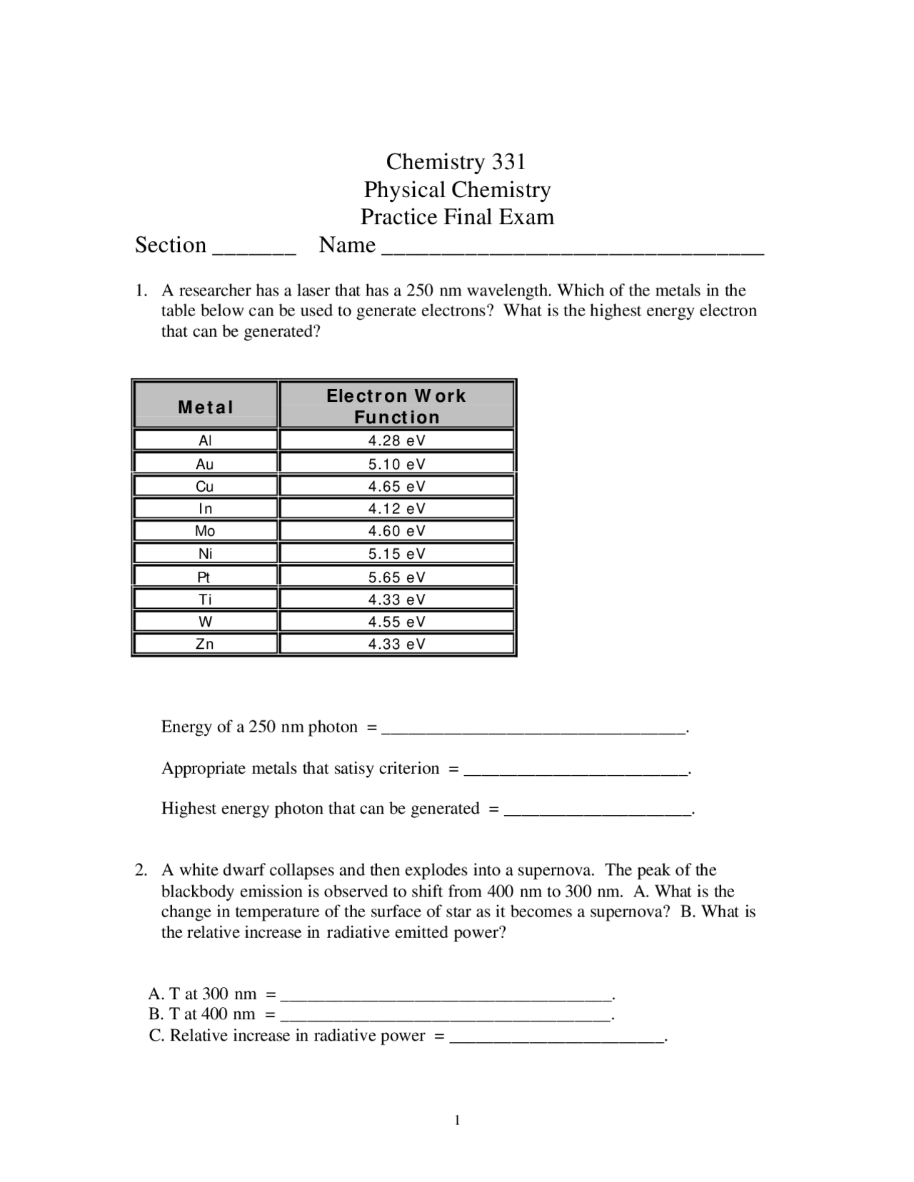 Introductory Physical Chemistry Practice Final Exam Ch 331 Docsity