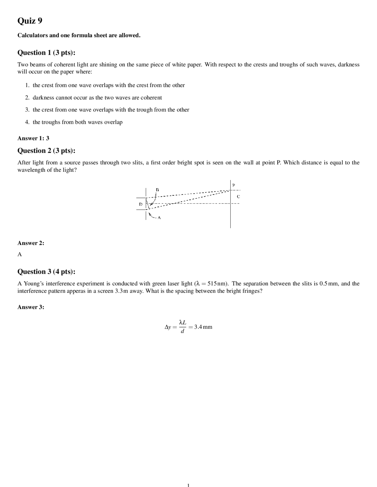 Quiz 9 With Answer Key Physics 2 Phy 2054 Docsity