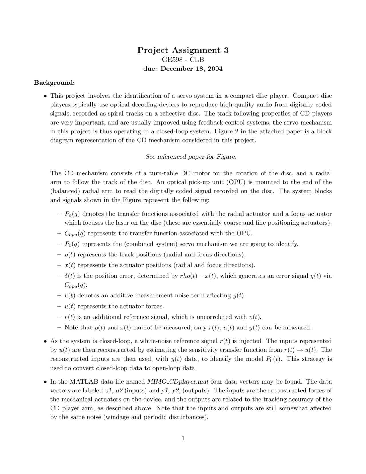 Project on Identification of Servo System - Assignment 3 | GE 598 - Docsity