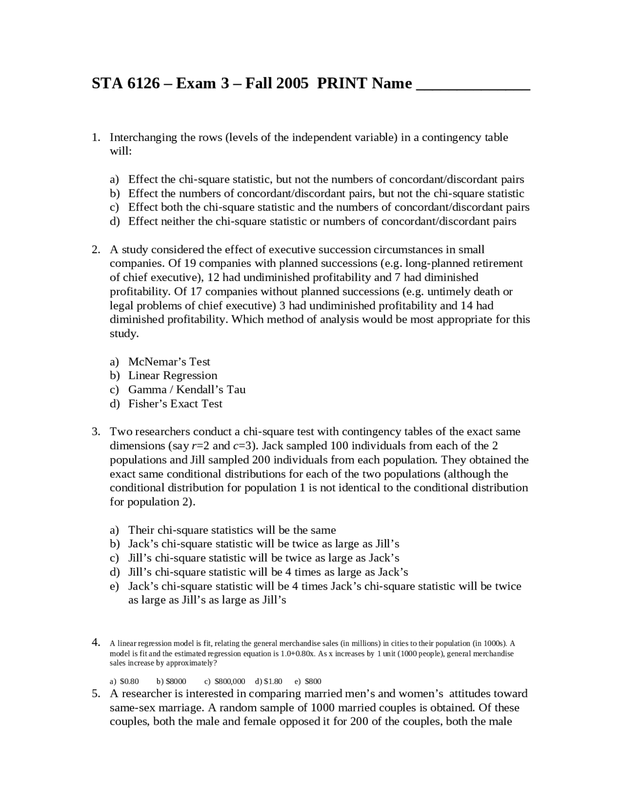 Exam 3 With 8 Questions Statistical Methods And Social Research 1