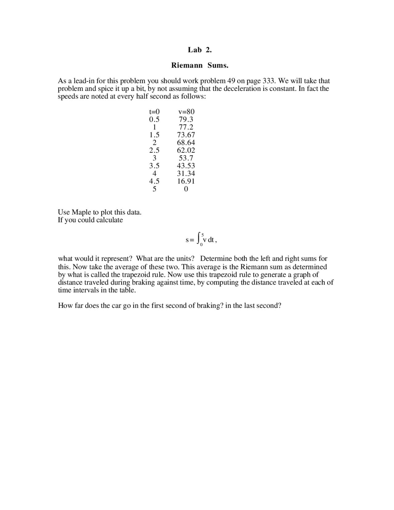 Calculus Ii Riemann Sums Laboratory Ii Ma 241 Docsity