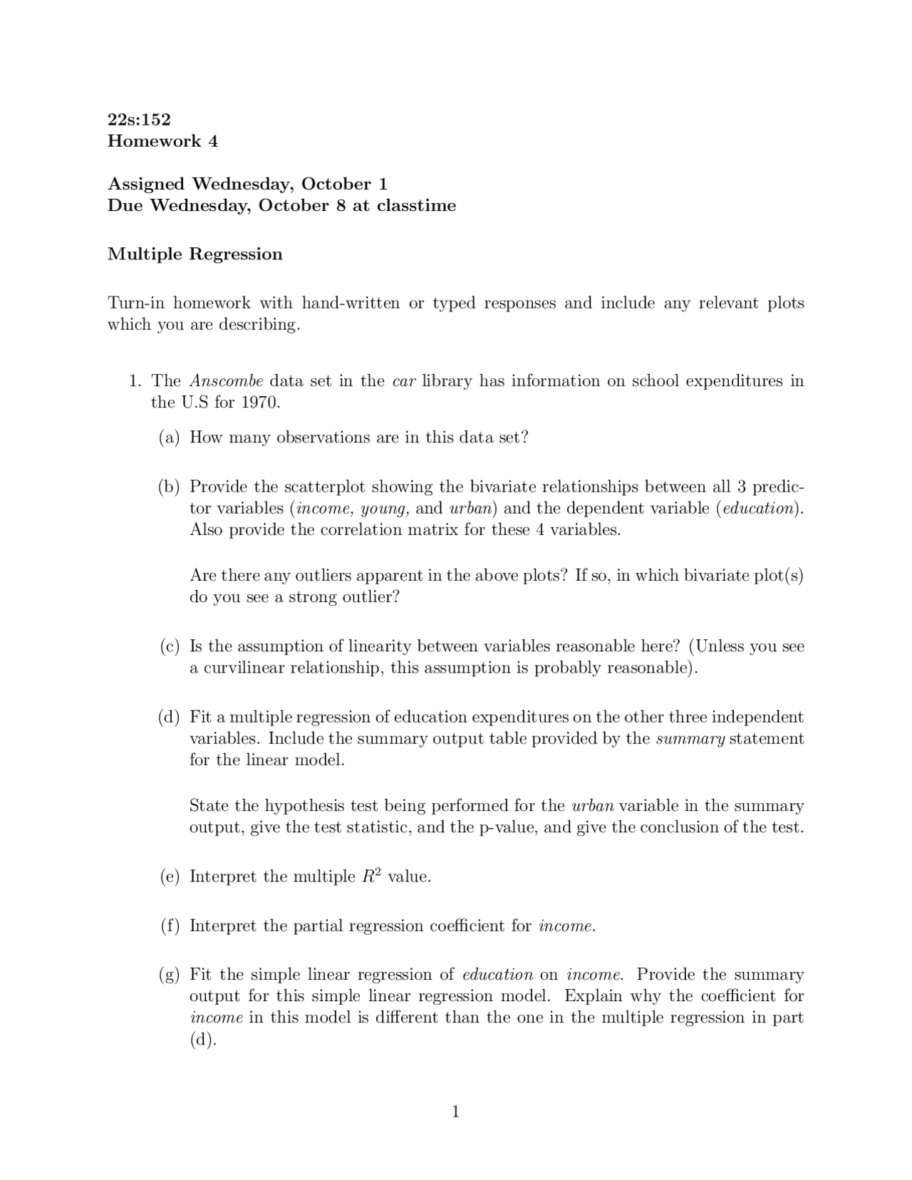 Homework 4 For Applied Linear Regression 22s 152 Docsity
