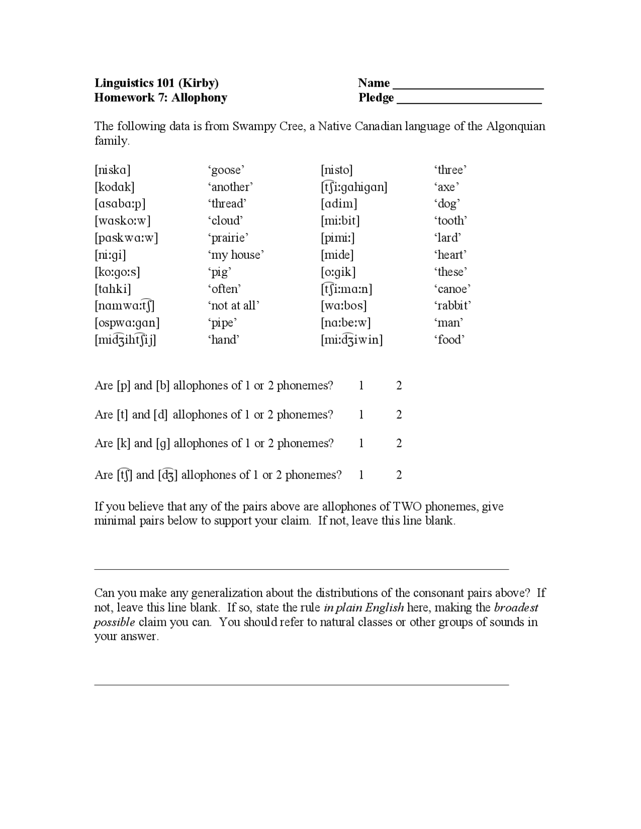 Assignment 7 Allophone - Introduction to Language | LING 101 - Docsity
