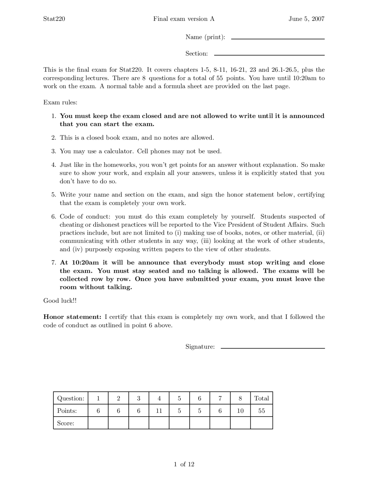 8 Questions on Basic Statistics | Final Examination | STAT 220 | Exams Statistics | Docsity
