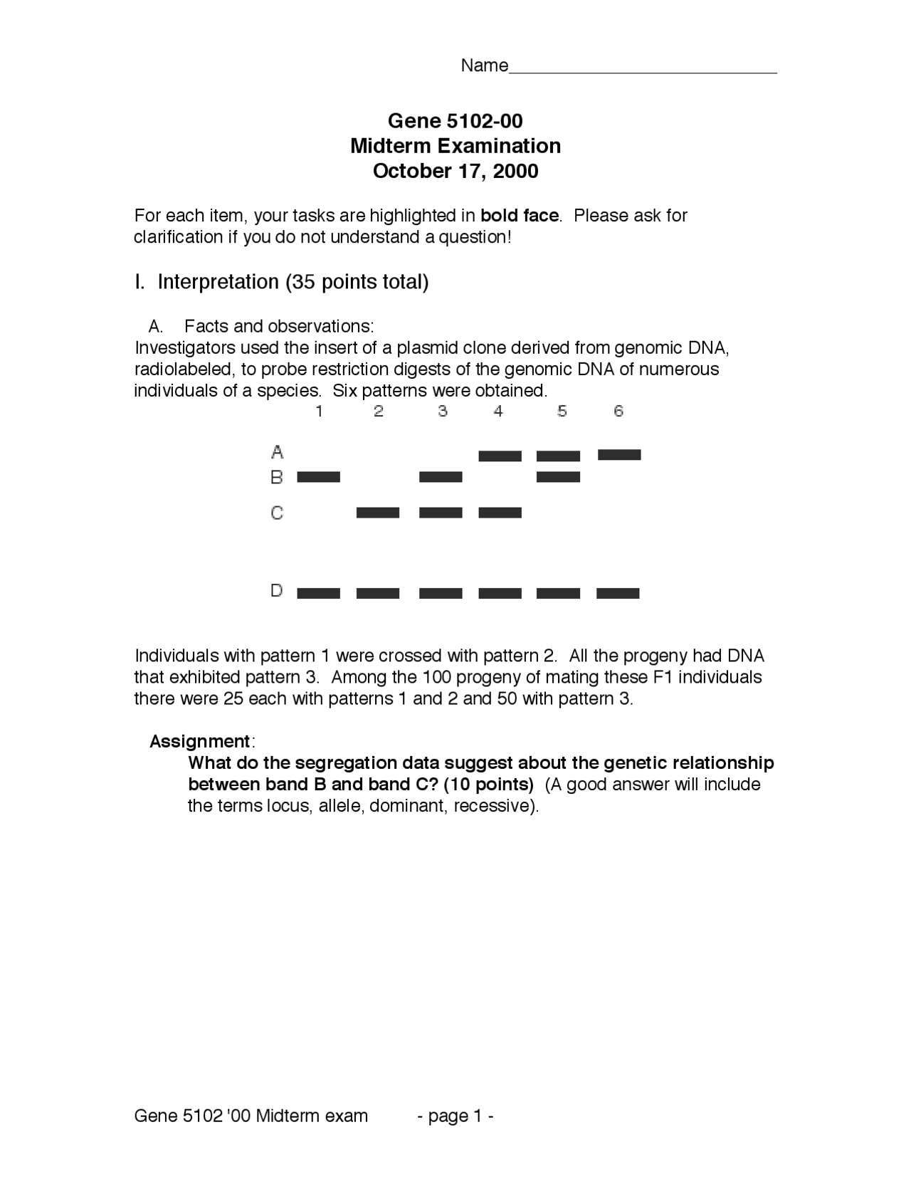 Midterm Examination Questions Molecular Genetics Gene 5102 Docsity