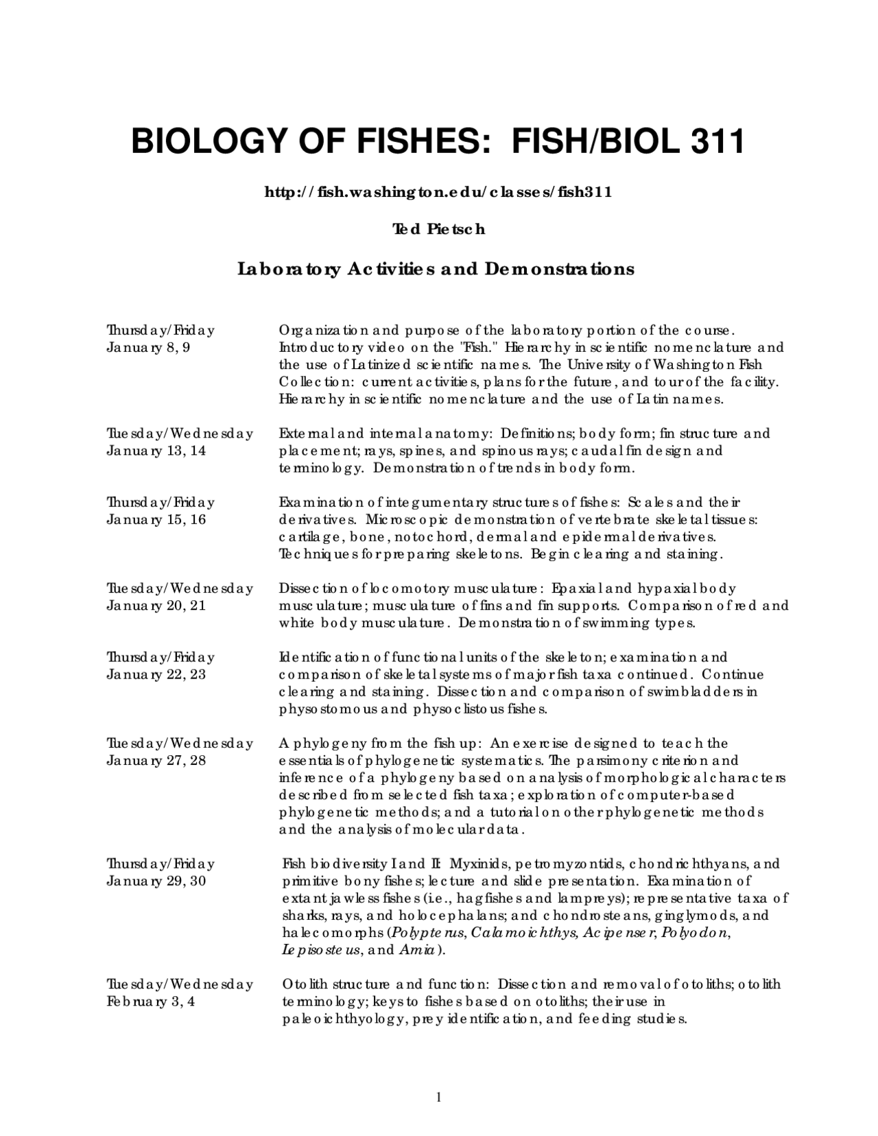 Introduction to Biology of Fishes - Lab Experiments Schedule | FISH 311 ...