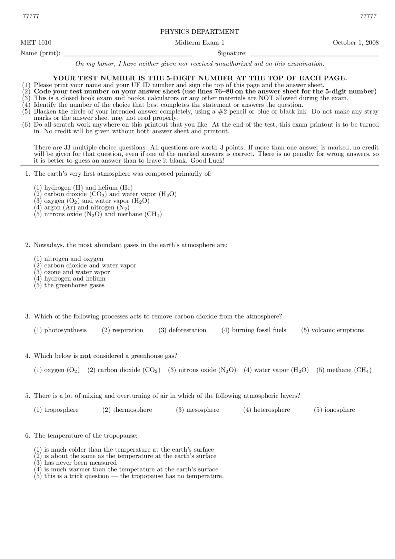 Introduction To Weather Midterm Exam 2008 Met 1010 Docsity