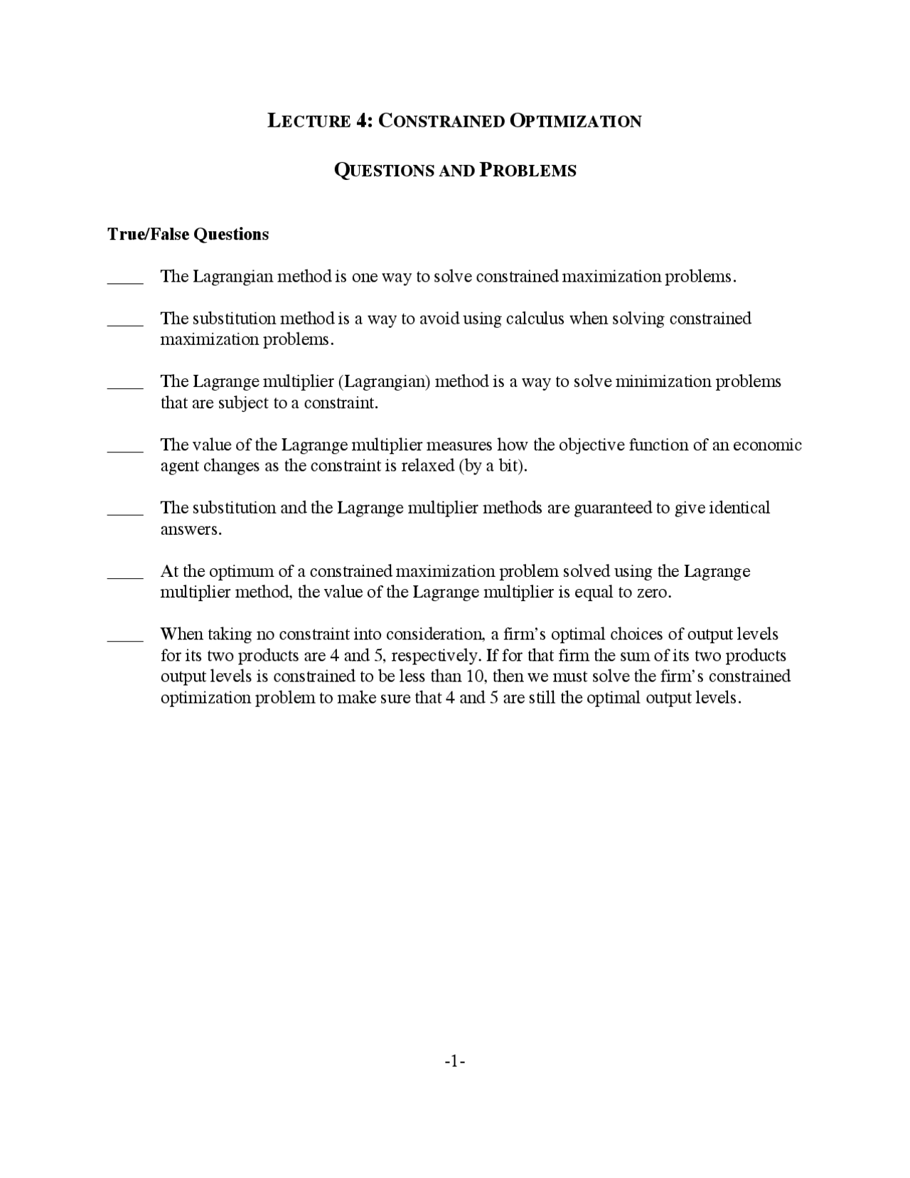 Questions And Problems On Constrained Optimization Econ 302 Docsity