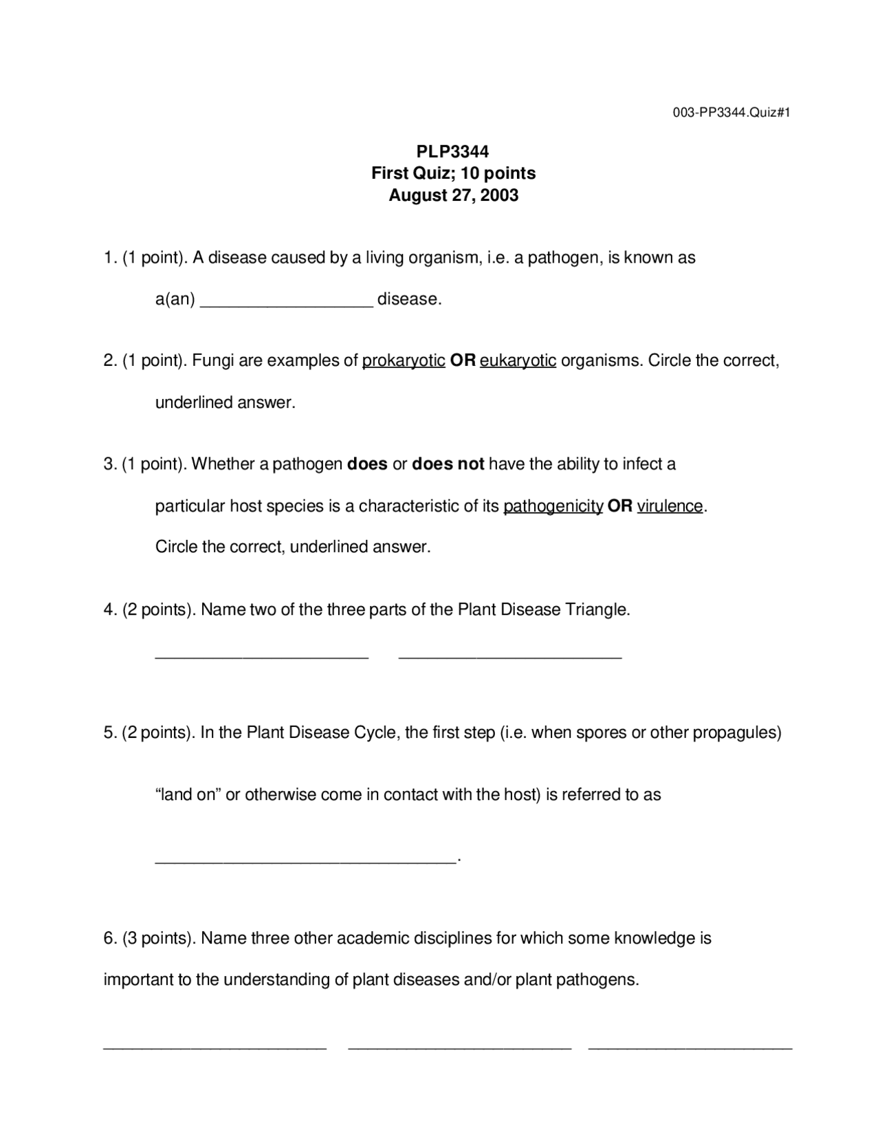 First Quiz 6 Questions Principles Of Plant Pathology Plp 3343 Docsity