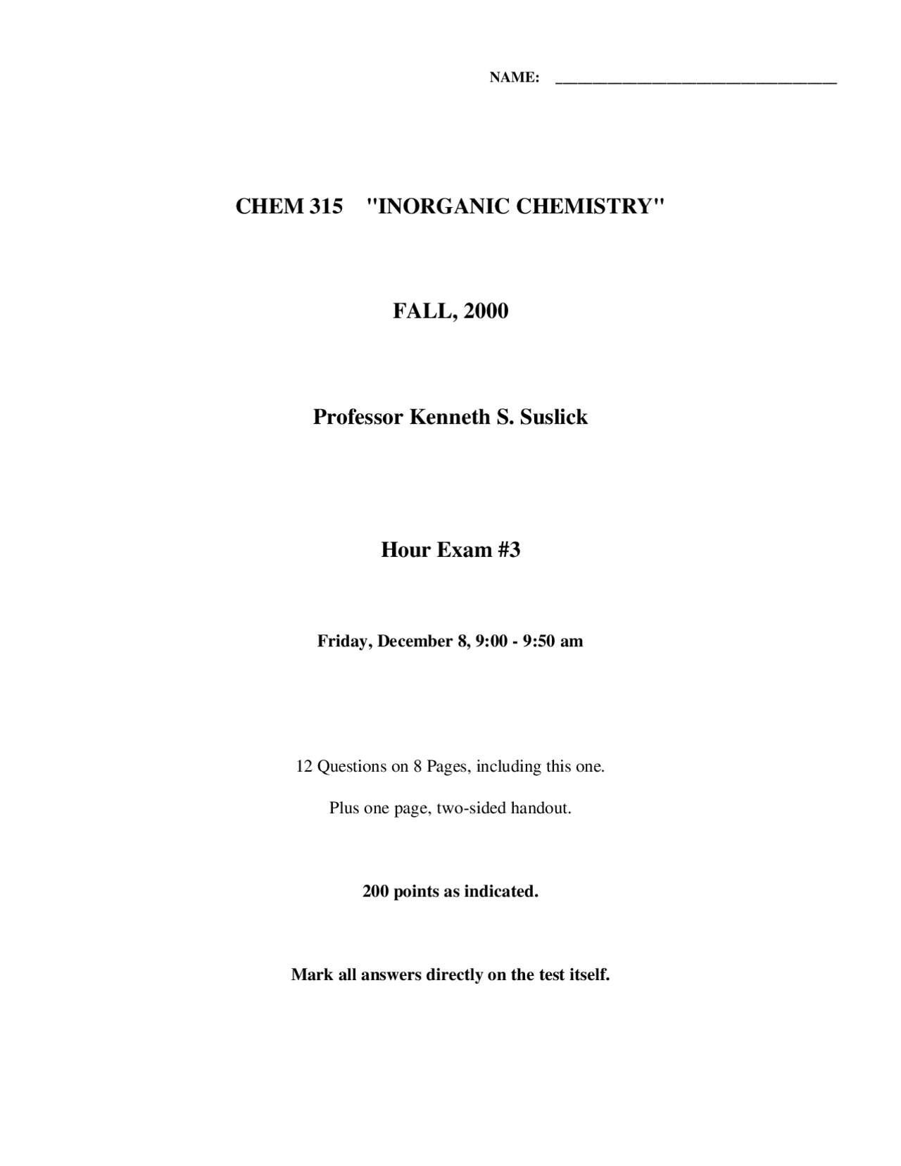 Exam 3 With Questions Inorganic Chemistry Fall 2000 Chem 315