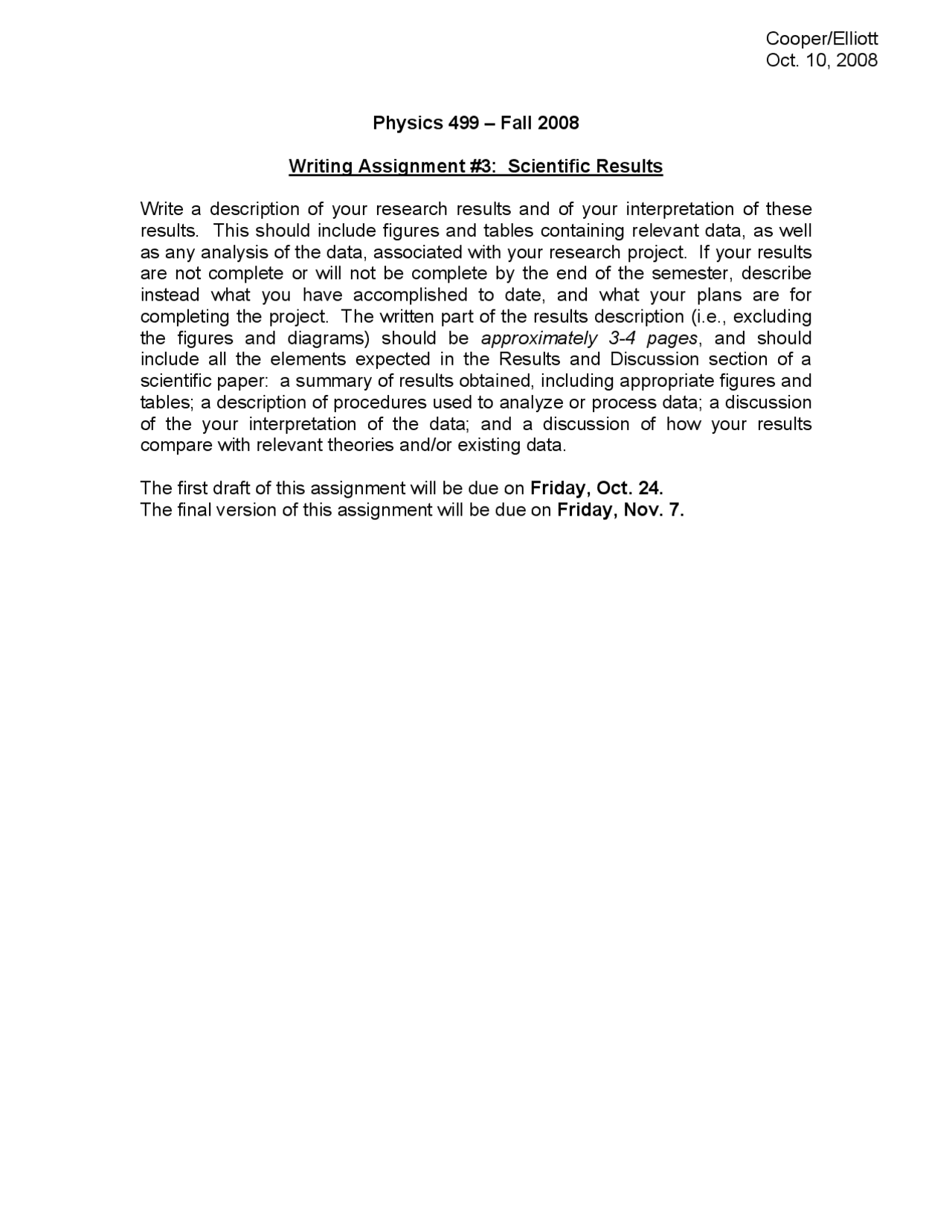 Writing Assignment 3 Scientific Results Fall 2008 Phys 499 Docsity