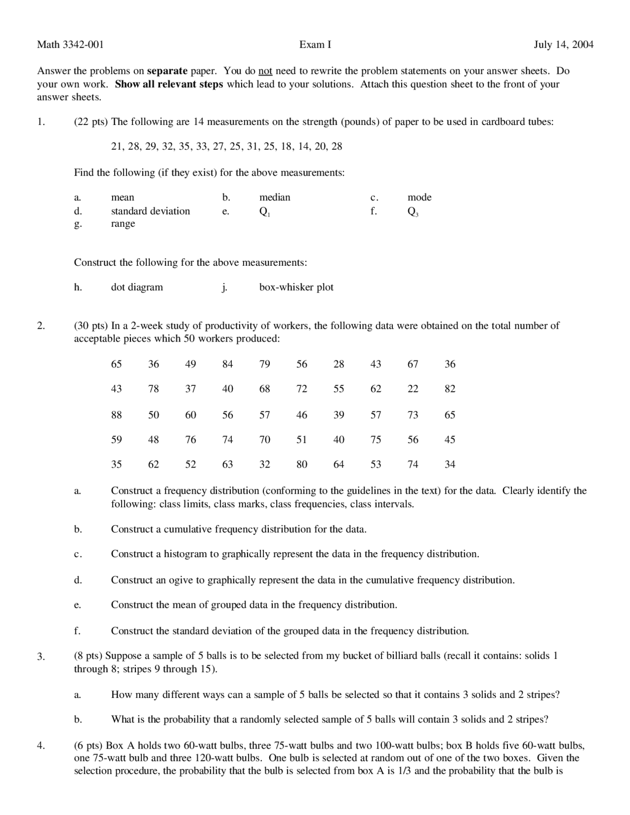 Exam 1 Problems Mathematical Statistics For Engineers And Scientists