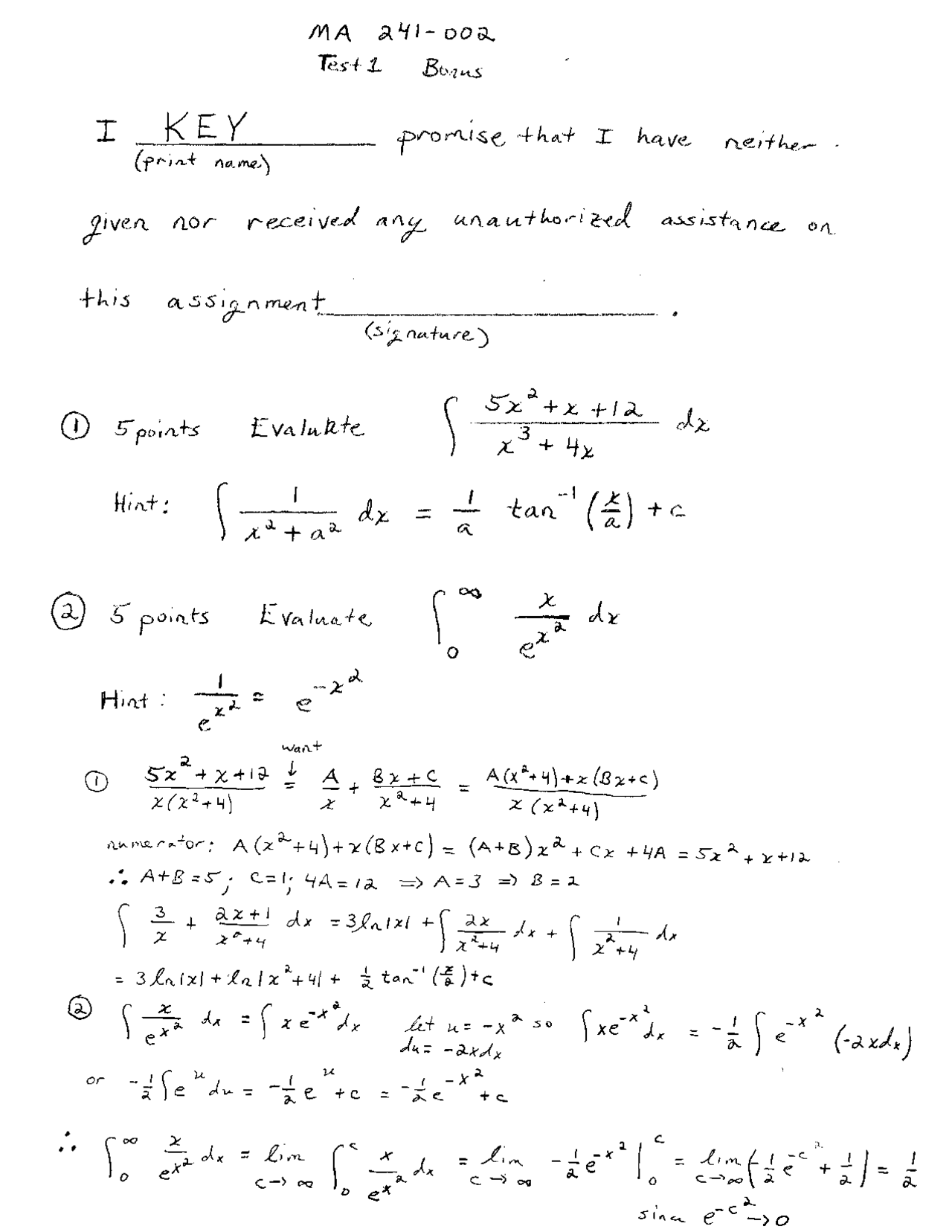 Exam 1 With Solution For Calculus Ii Ma 241 Docsity