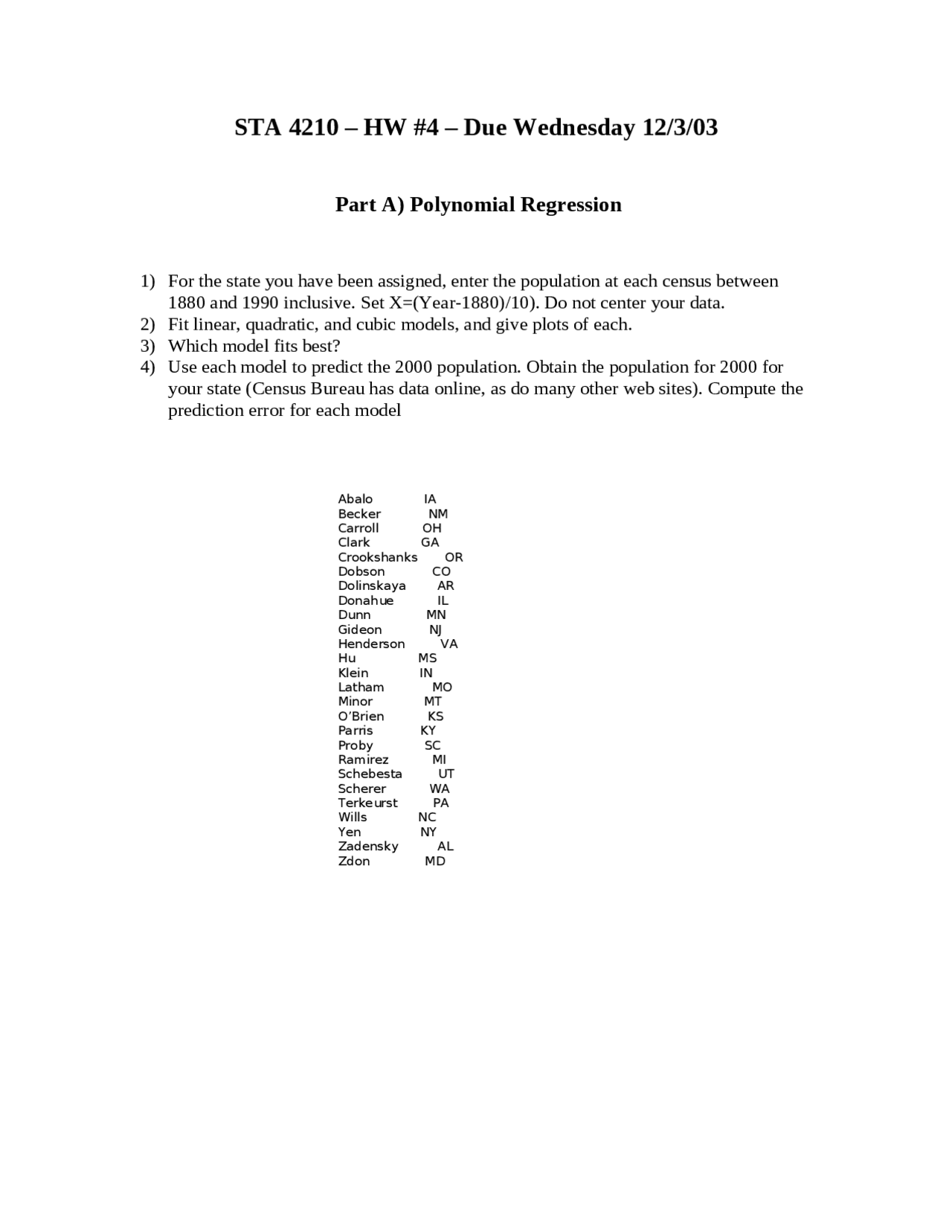 4 Problems On The Polynomial Regression Homework 4 Sta 4210 Docsity