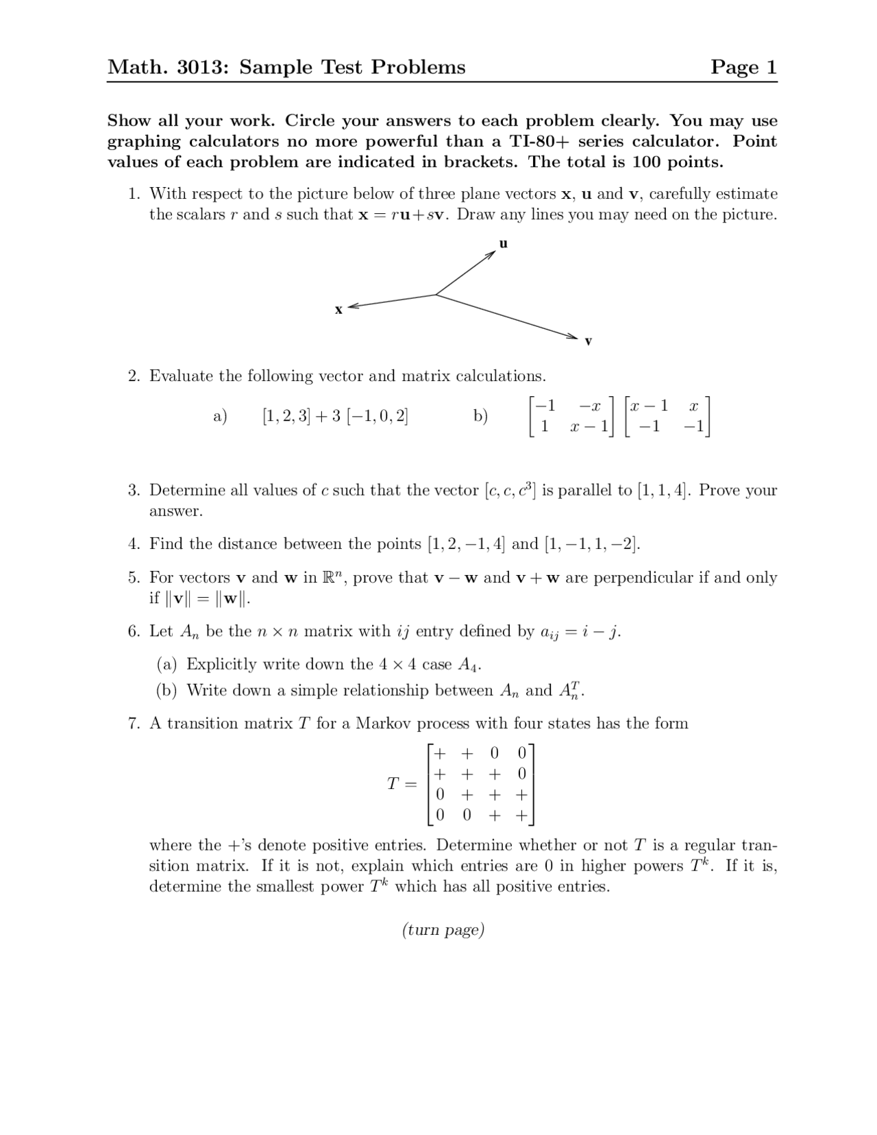 8 Problems for Linear Algebra - Sample Test 1 | MATH 3013 - Docsity