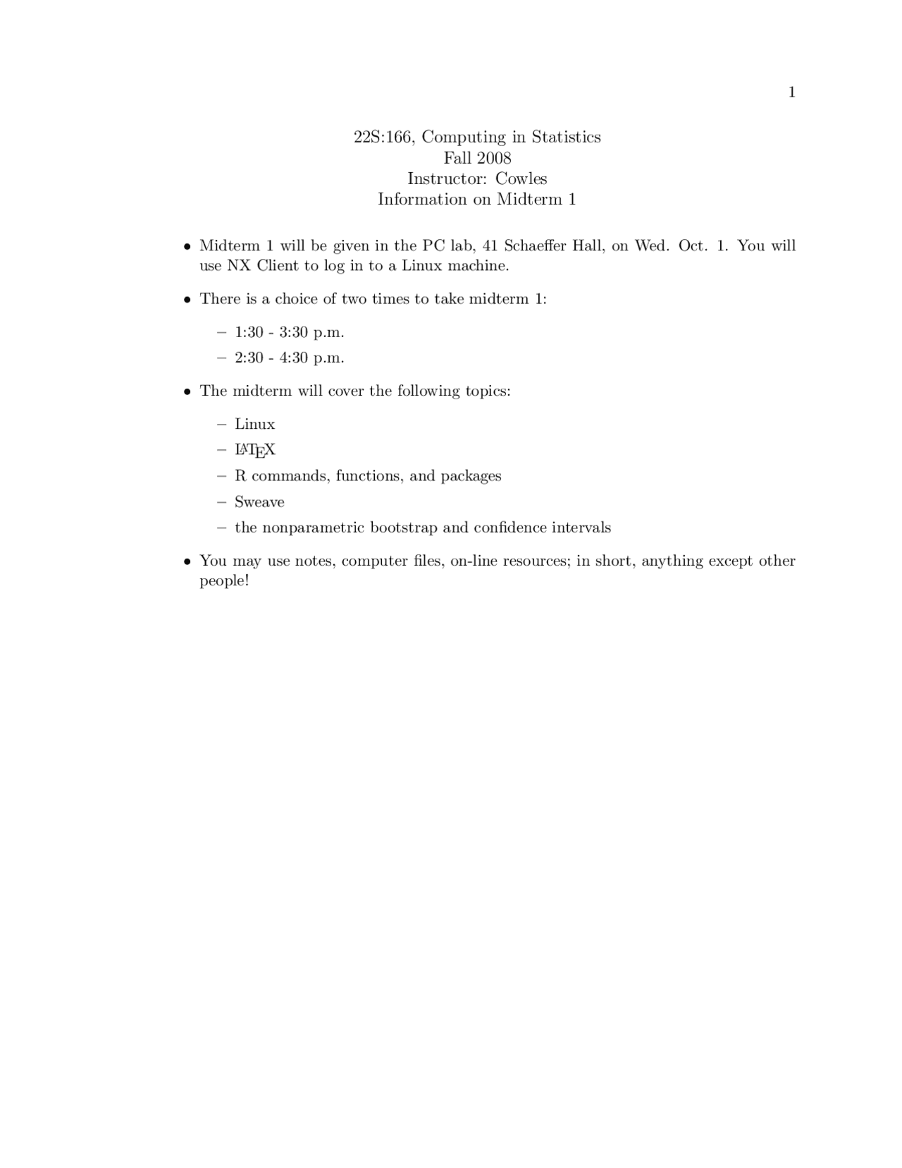 Information On Midterm Exam 1 Bayesian Statistics 2008 22s 166