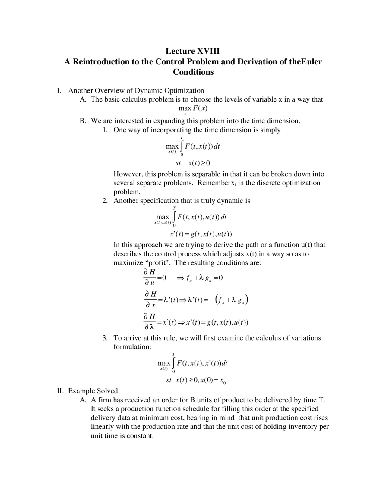 A Reintroduction to the Control Problem and Derivation of the Euler Conditions | AEB 6533 - Docsity
