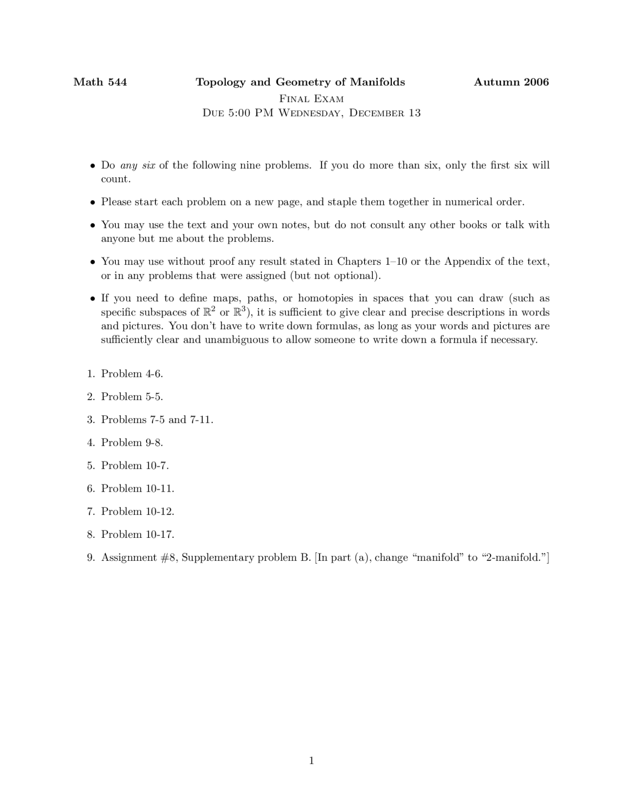 Final Exam - Topology and Geometry of Manifolds - Fall 2006 | MATH 544 - Docsity