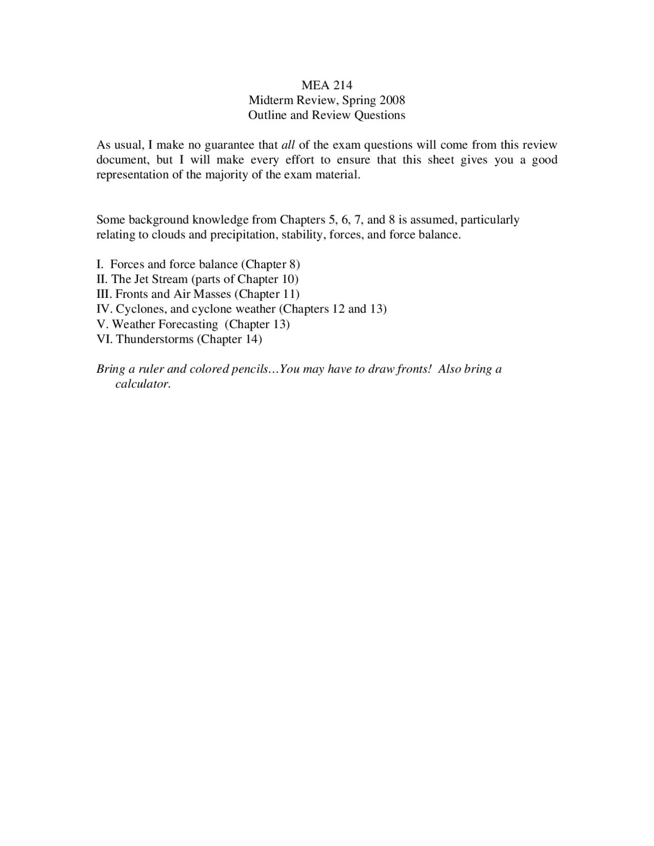 Fundamentals Of Meteorology Ii Midterm Review Questions Mea 214
