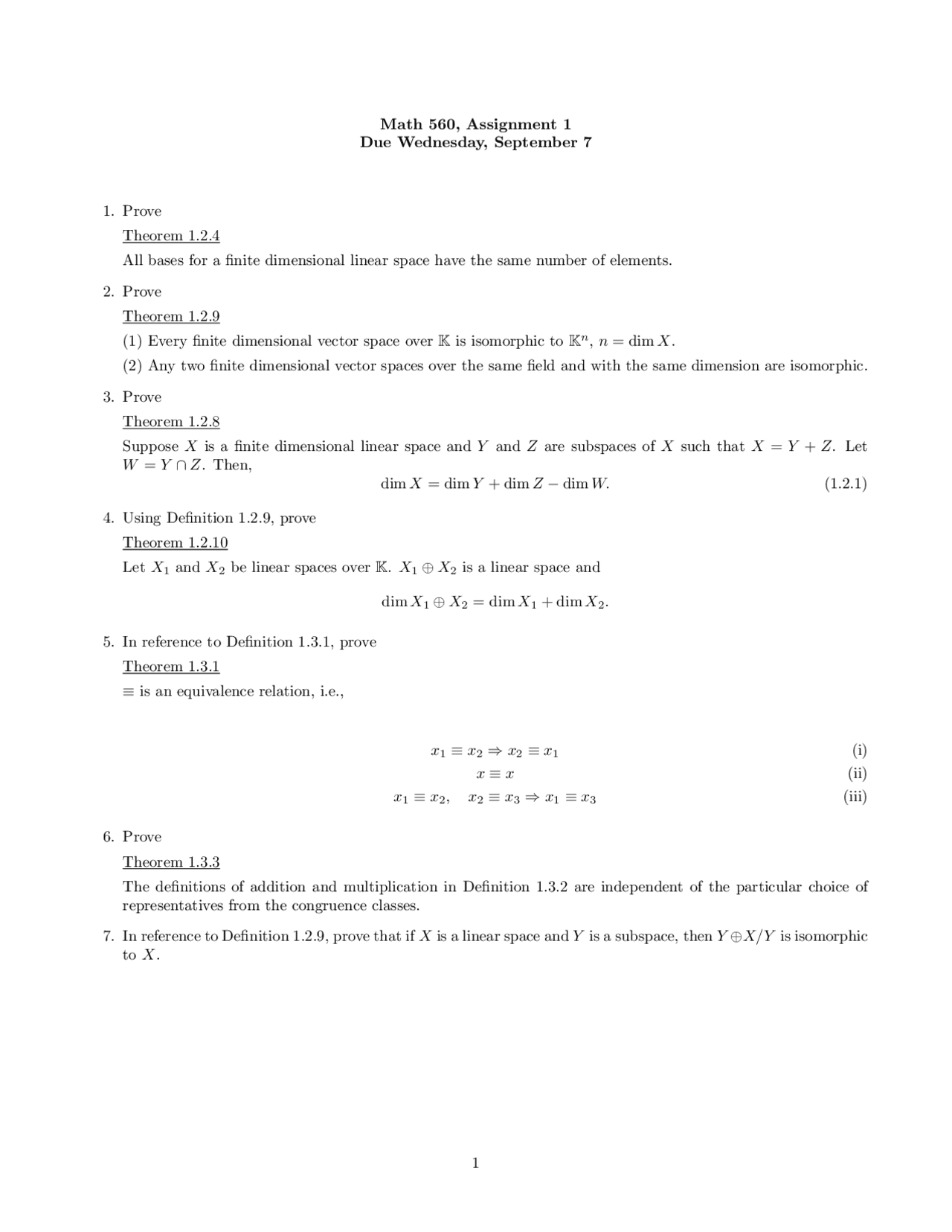 Math 560 Assignment 1 Proving Theorems In Linear Algebra Assignments Linear Algebra Docsity