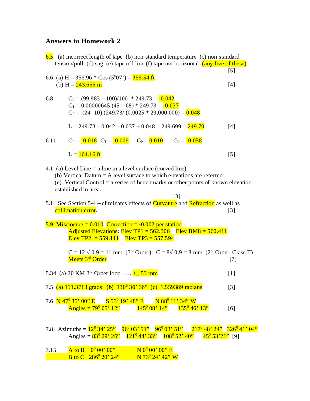 Geomatics Answers To Homework Ii Sur 2101 Docsity