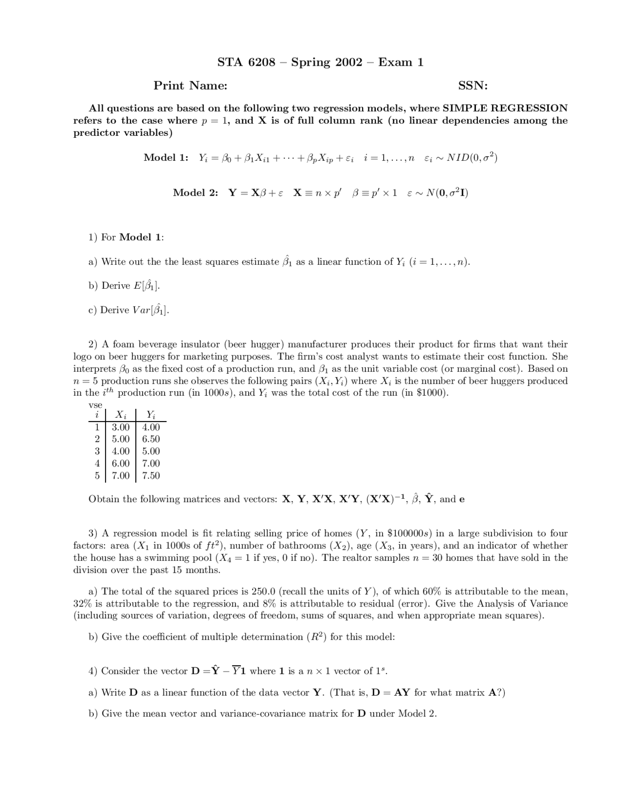 5 Regression Models Of Basic Design Analysis Experiment Exam 1 Sta