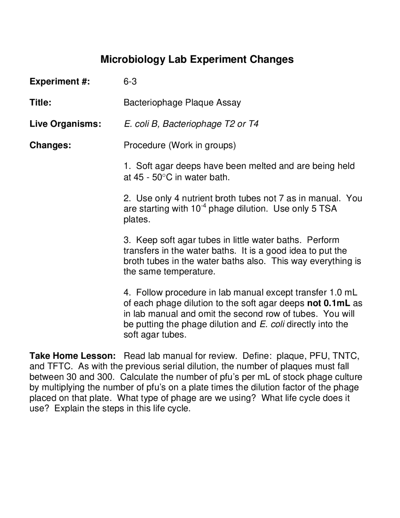 Microbiology Lab Experiment Changes | BI 203 - Docsity