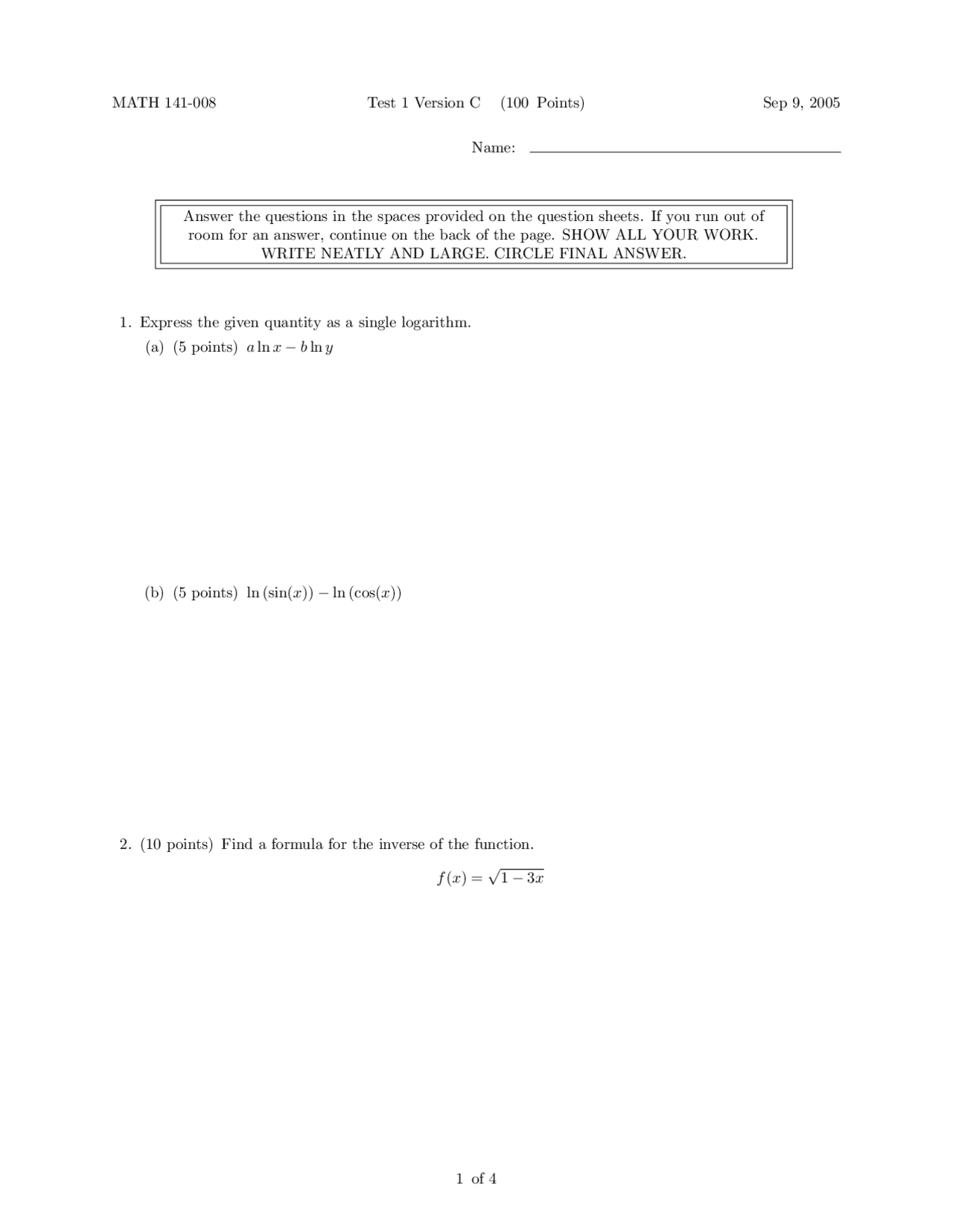 Test 1 Version C Fall 2005 Calculus I Ma 141 Docsity
