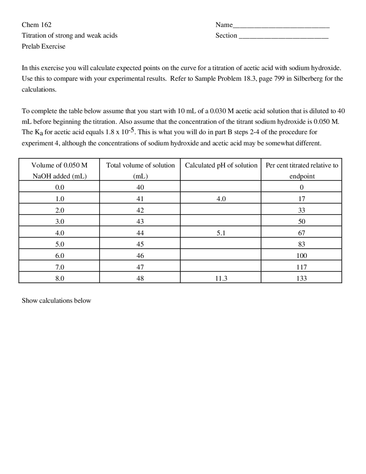 Pre-Lab Exercise - Titration of Strong and Weak Acids | CHEM 162 - Docsity