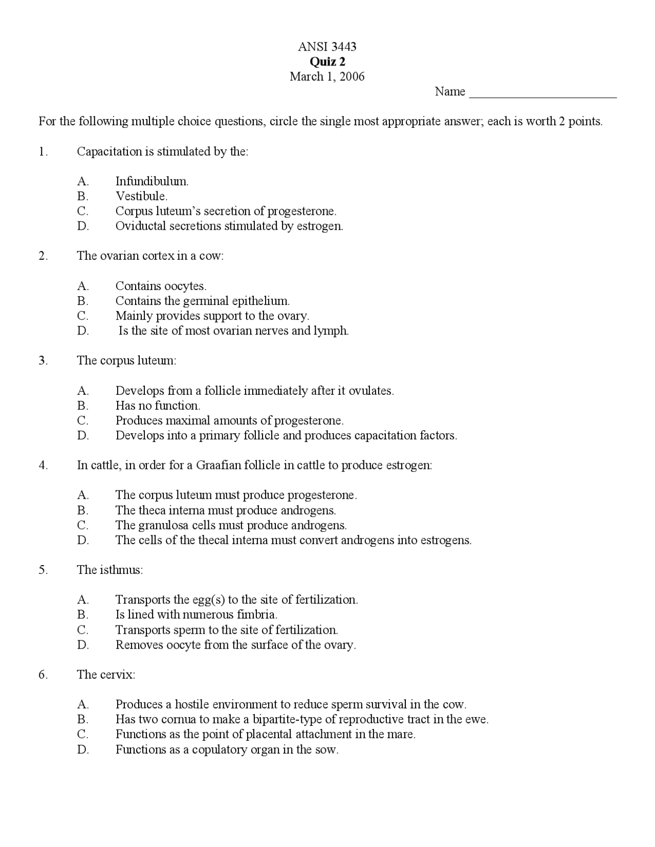 Solution for Quiz 2 Questions - Animal Reproduction | ANSI 3443 - Docsity