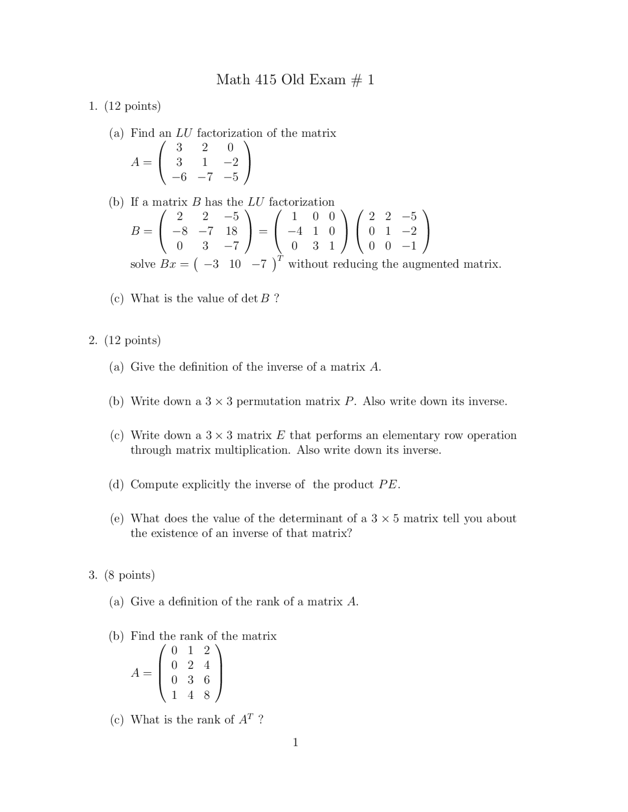 Solution For Exam 1 Questions Applied Linear Algebra Math 415 Docsity