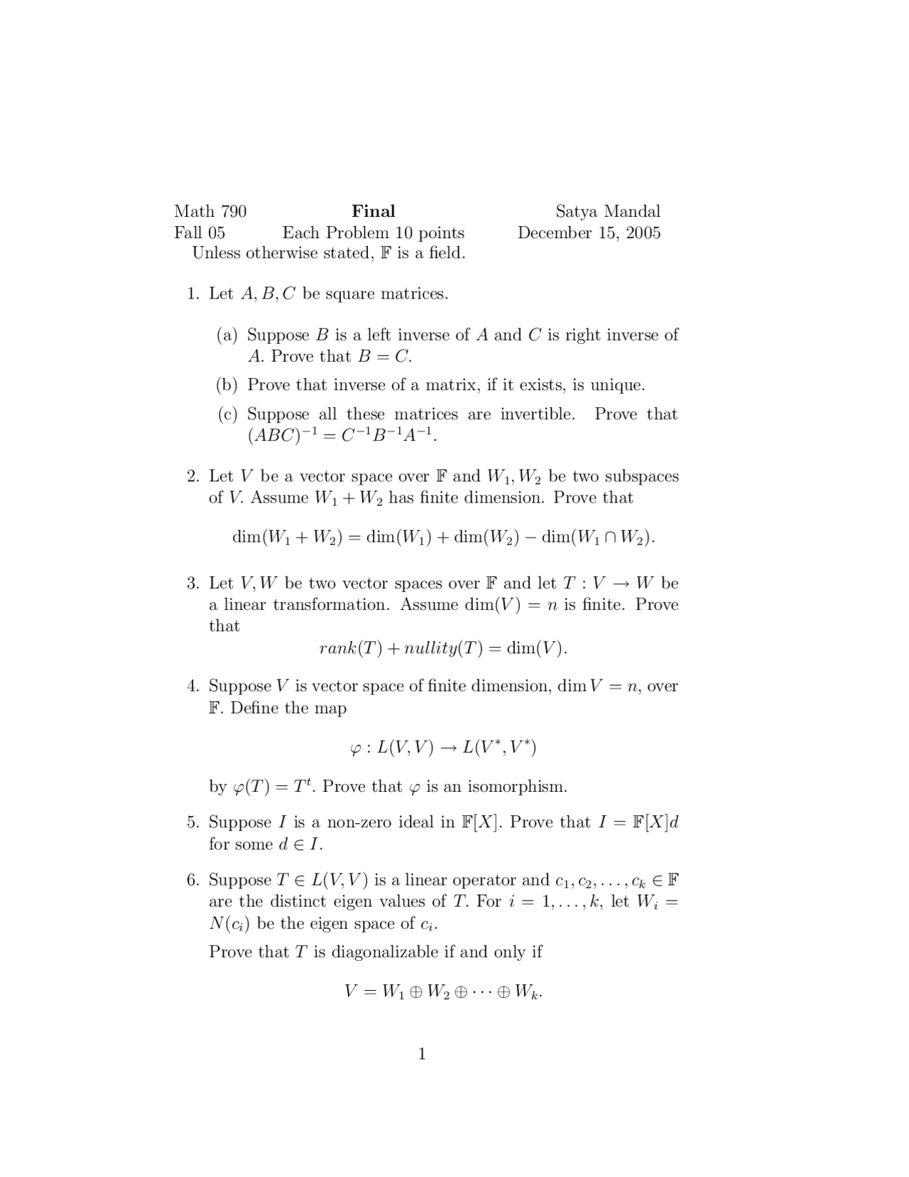 Linear Algebra II - Final Exam Questions | MATH 790 - Docsity