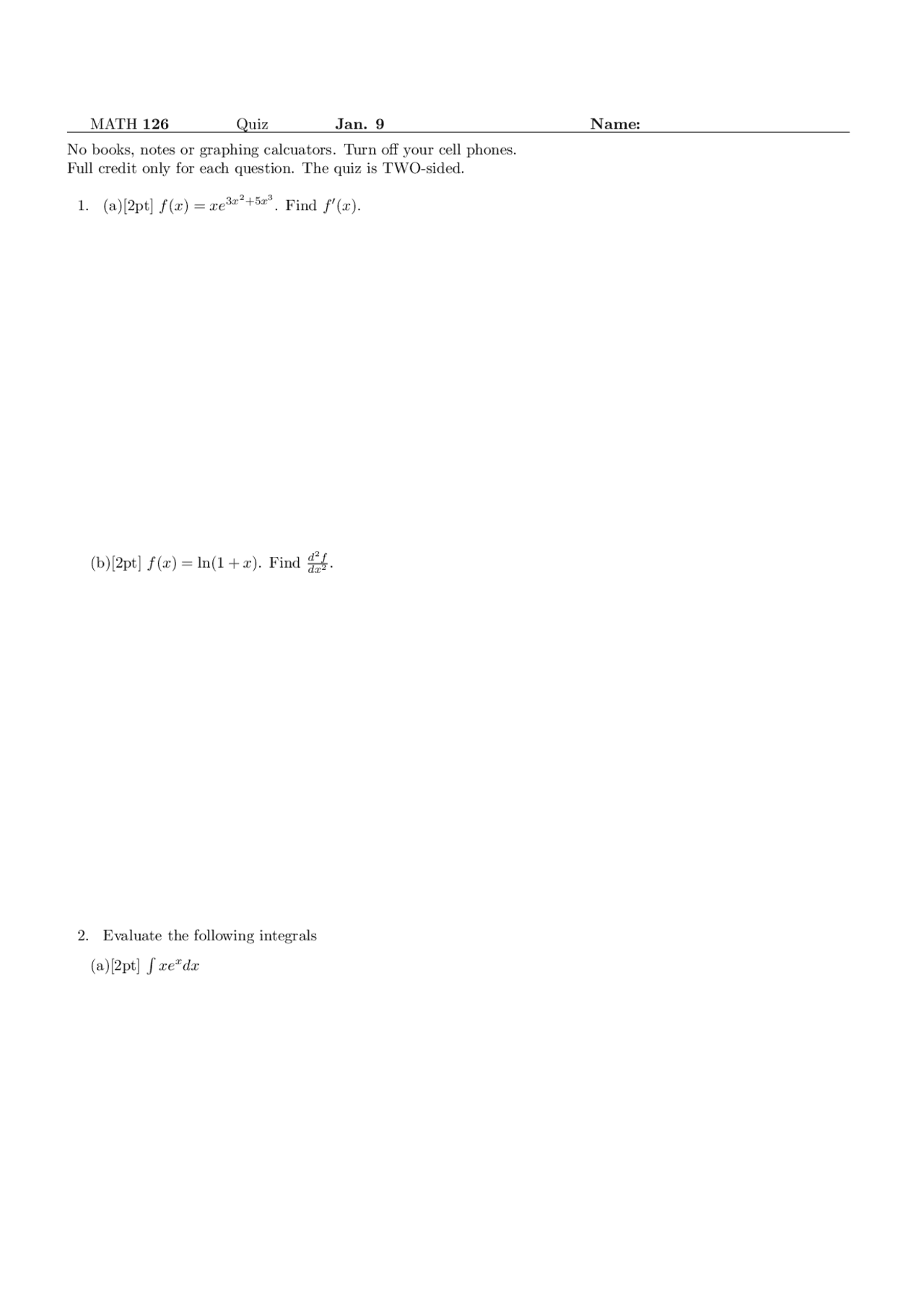 Quiz With Practice Problems Calculus Analysis Geometry Iii Math 126