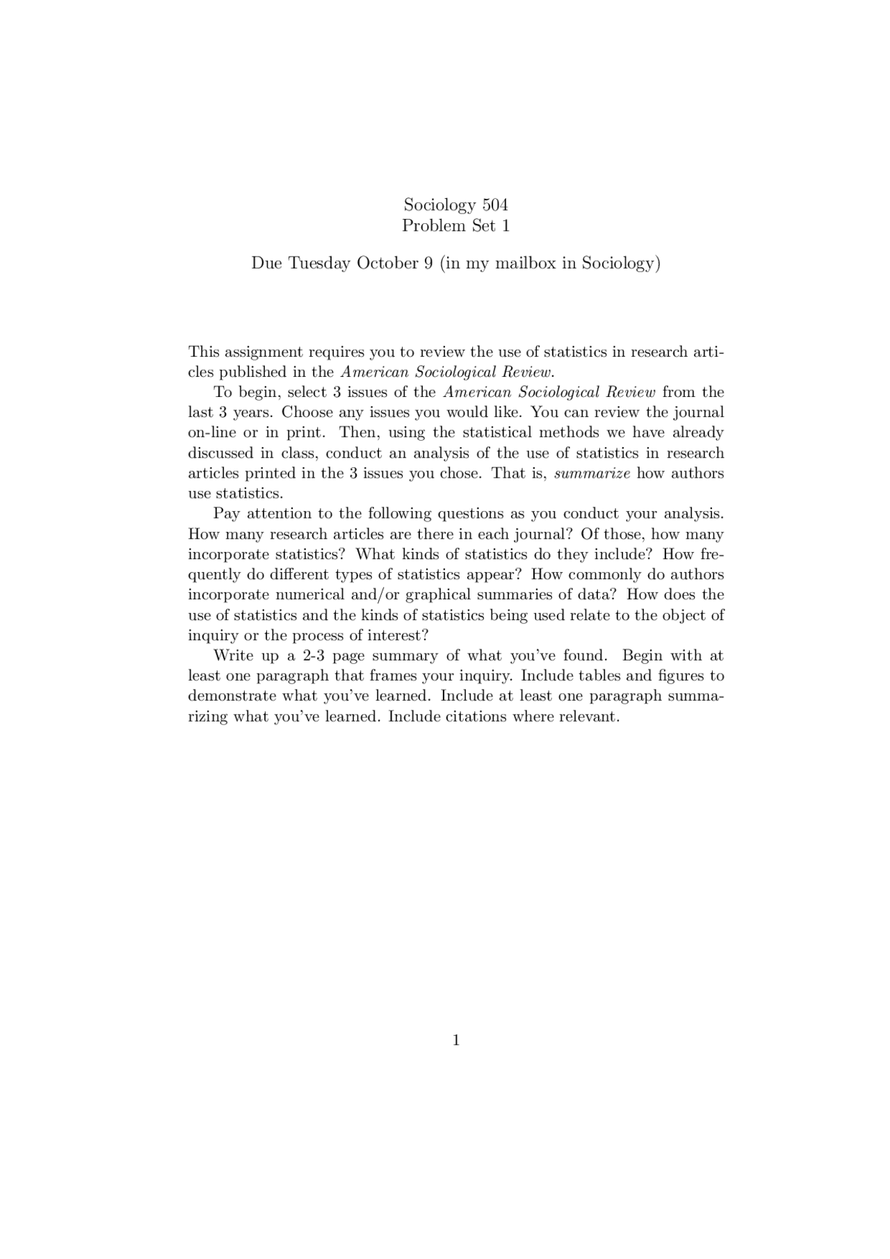 Problem Set 1 For Social Statistics Soc 504 Docsity