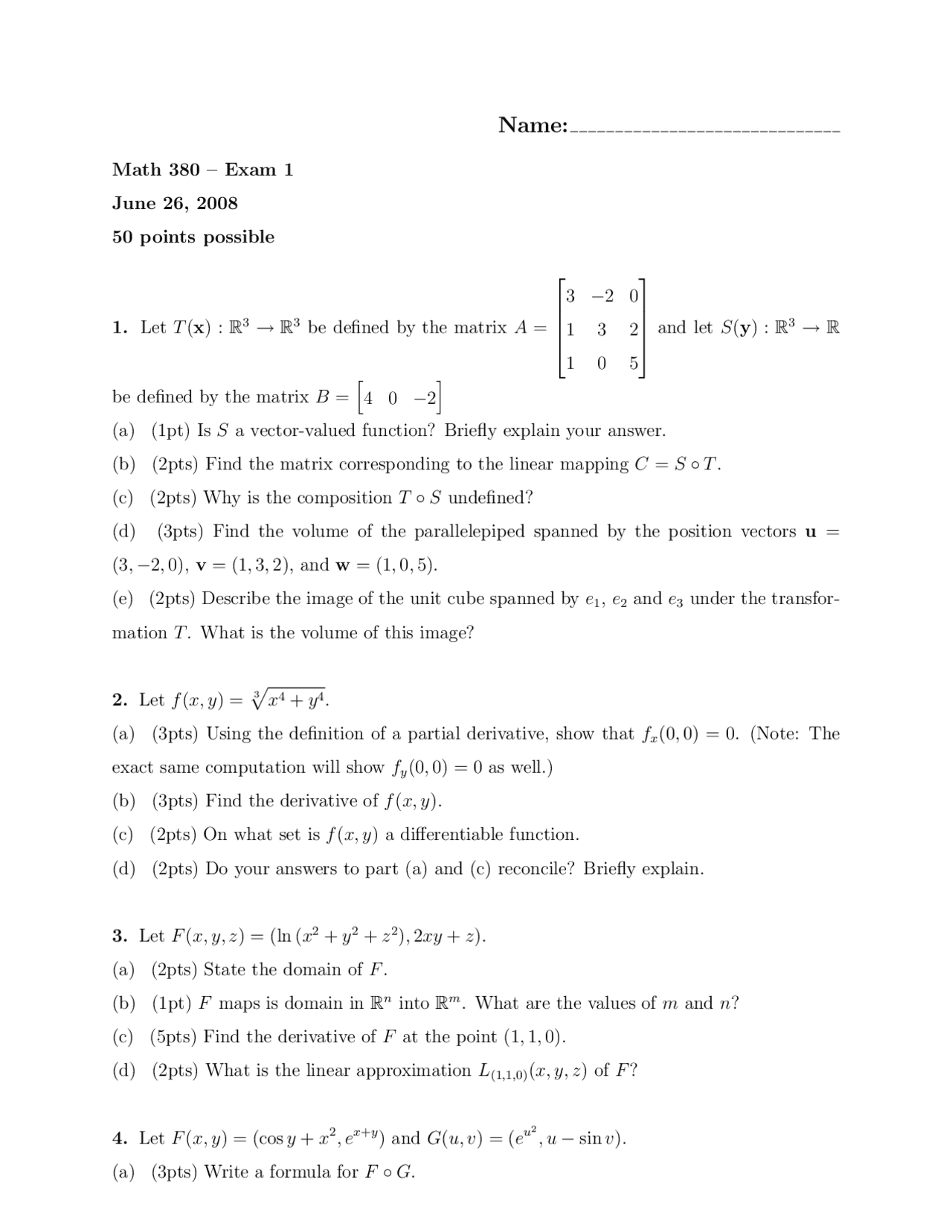Exam 1 Advanced Calculus 5 Points Possible Math 380 Docsity