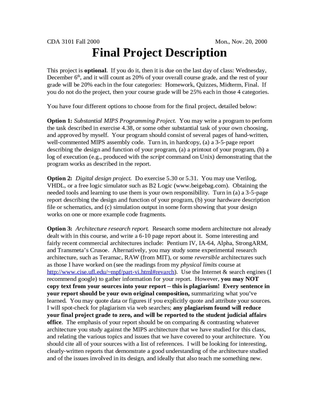 Introduction To Computer Organization Final Project Description Cda