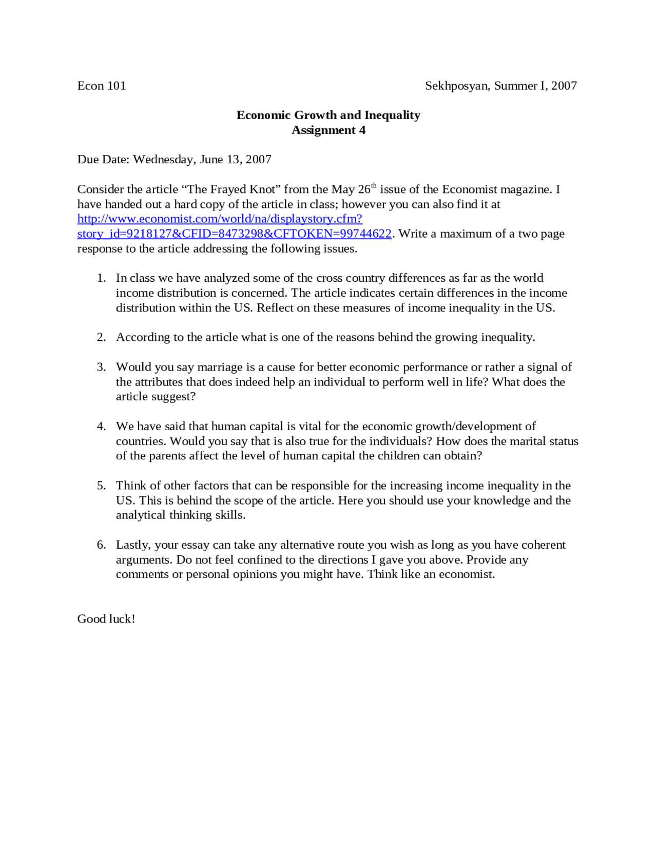 Assignment 4 - Economics Growth and Inequality | ECON 101 - Docsity