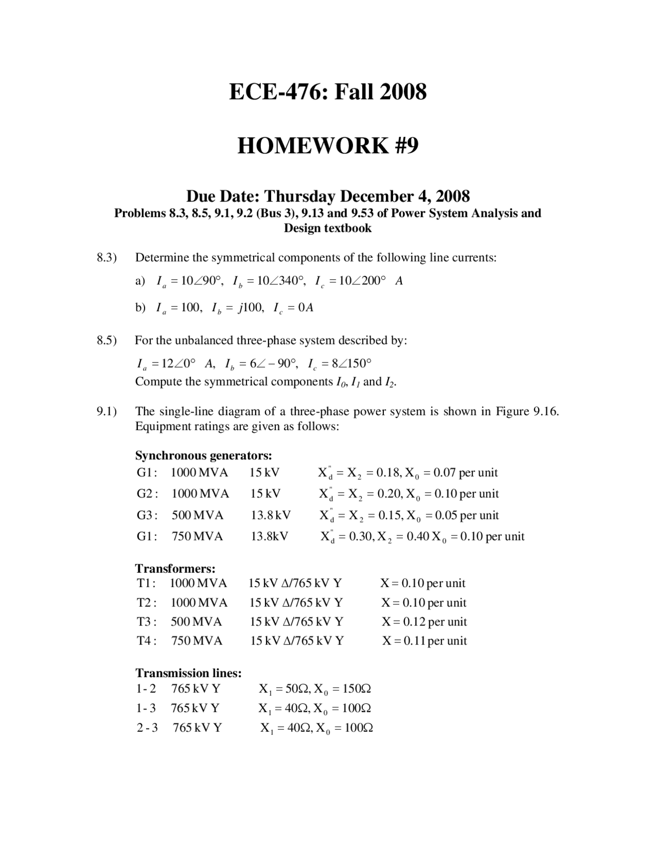 6 Problems On Power System Analysis And Design Homework 9 Ece 476