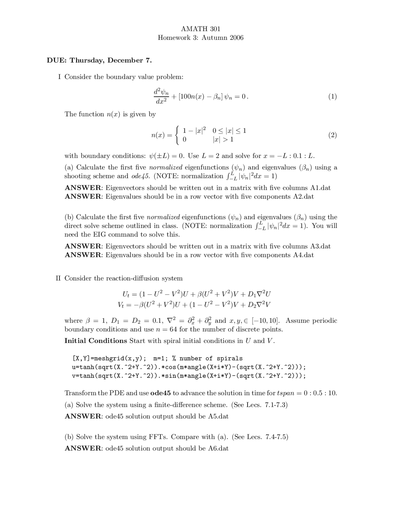 Homework 3 Fall 2006 Beginning Scientific Computing Amath 301 Docsity