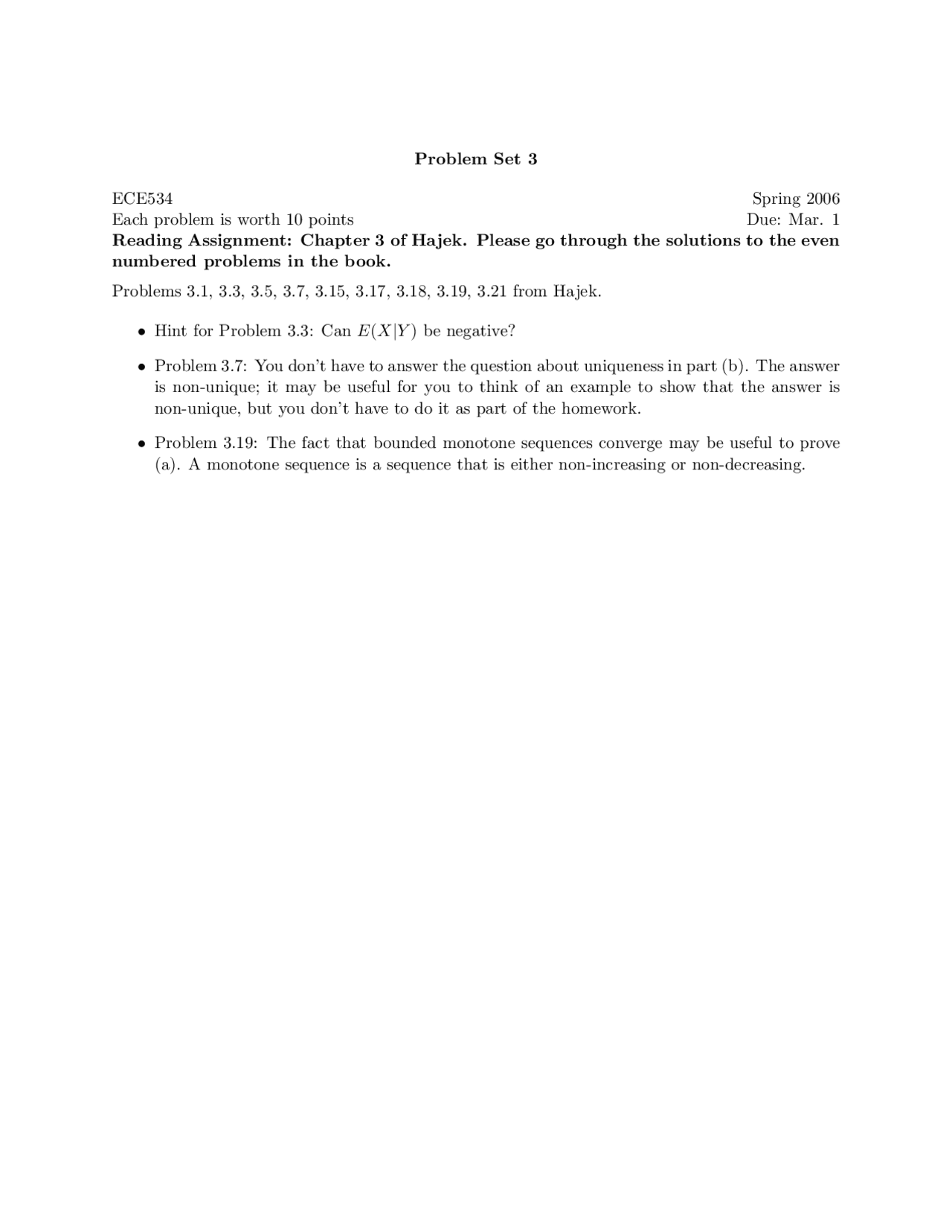 Random Processes Problem Set 3 Assignment Ece 534 Docsity