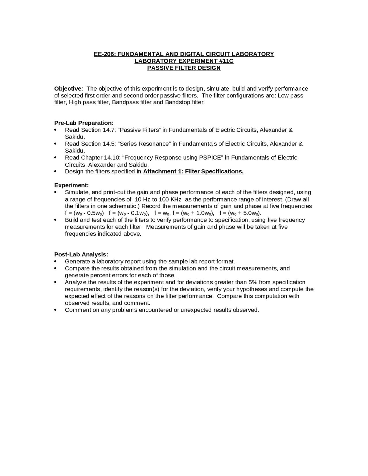 Passive Filter Design Laboratory Experiment 11 Ee 206 Docsity