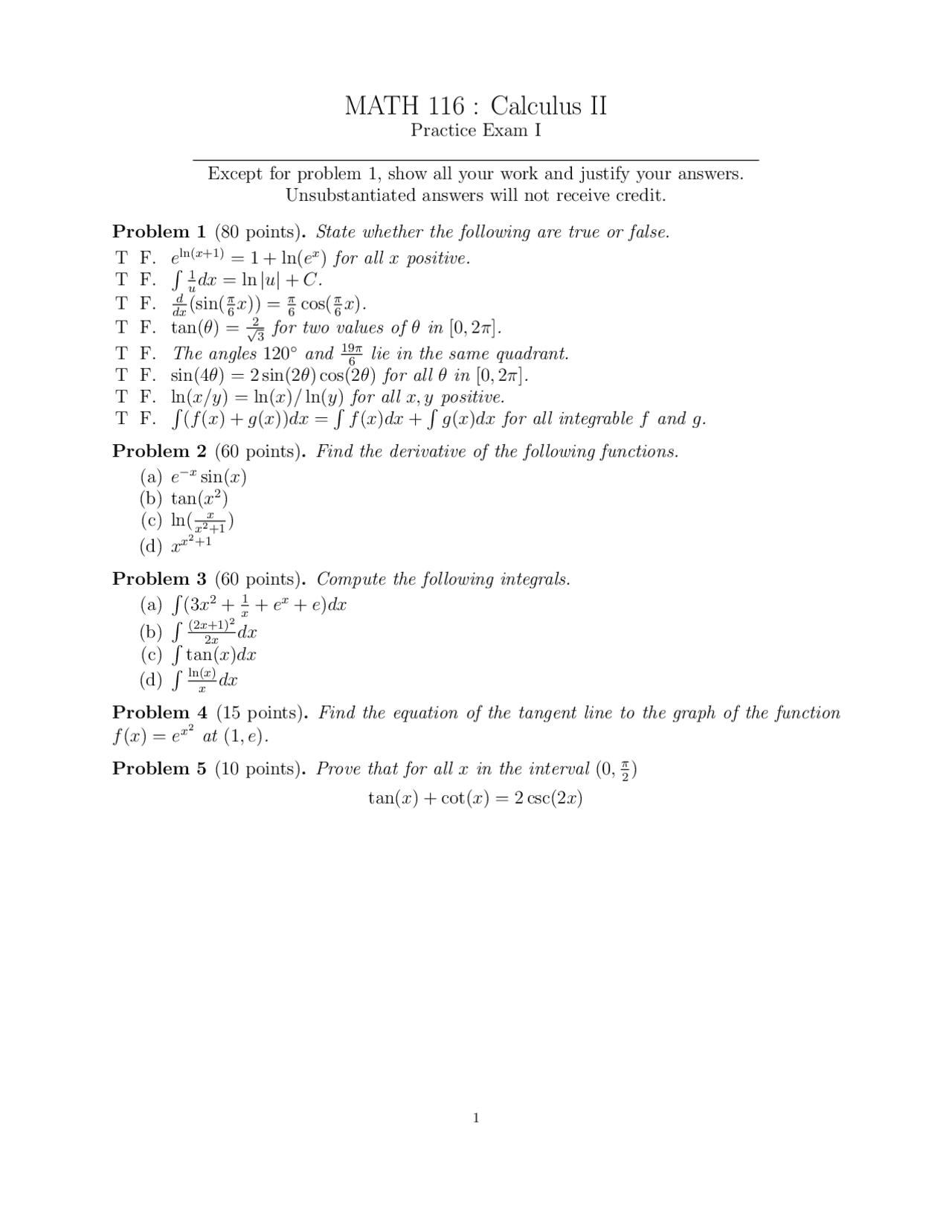 5 Practice Problems On Calculus Ii Exam 1 Math 116 Docsity