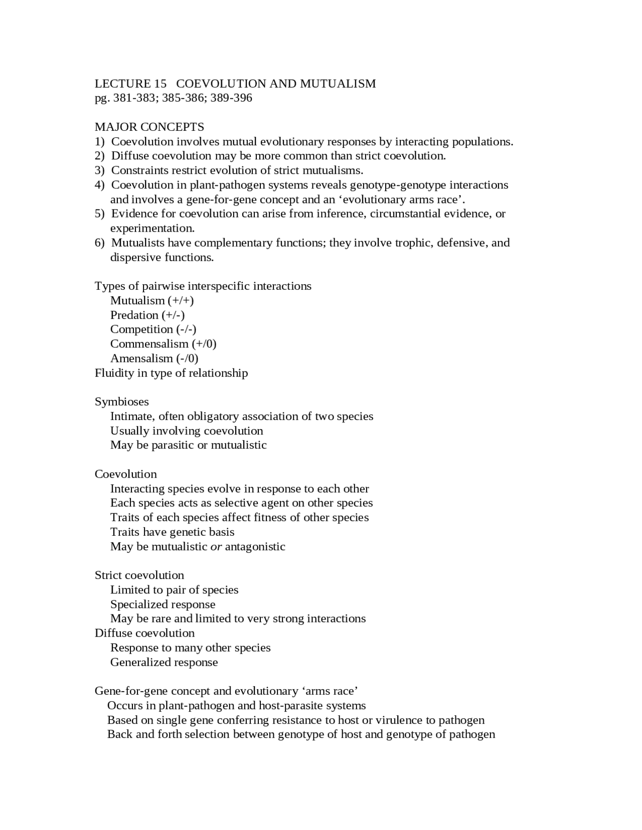 Coevolution And Mutualism Lecture Notes Ib 203 Docsity